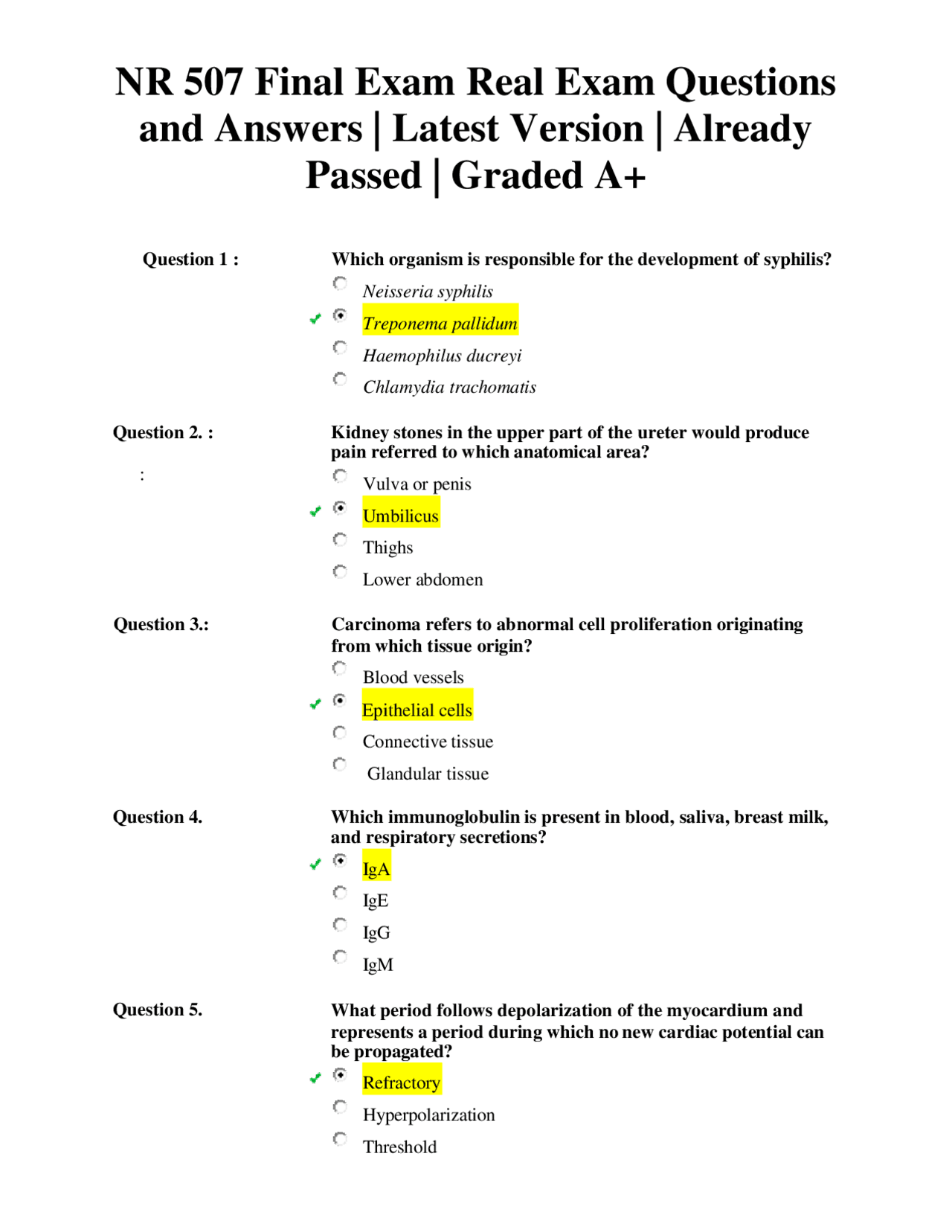 Medical Exam Questions and Answers | Exams Nursing | Docsity