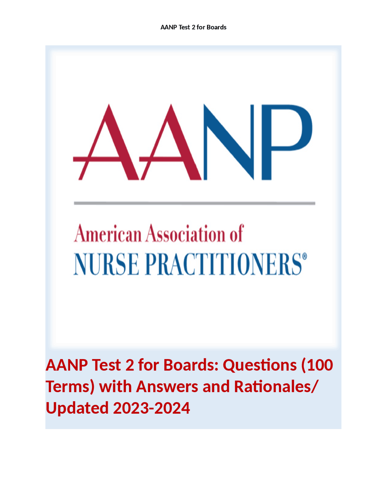 AANP Test 2 for Boards: Questions (100 Terms) | Exams Nursing | Docsity