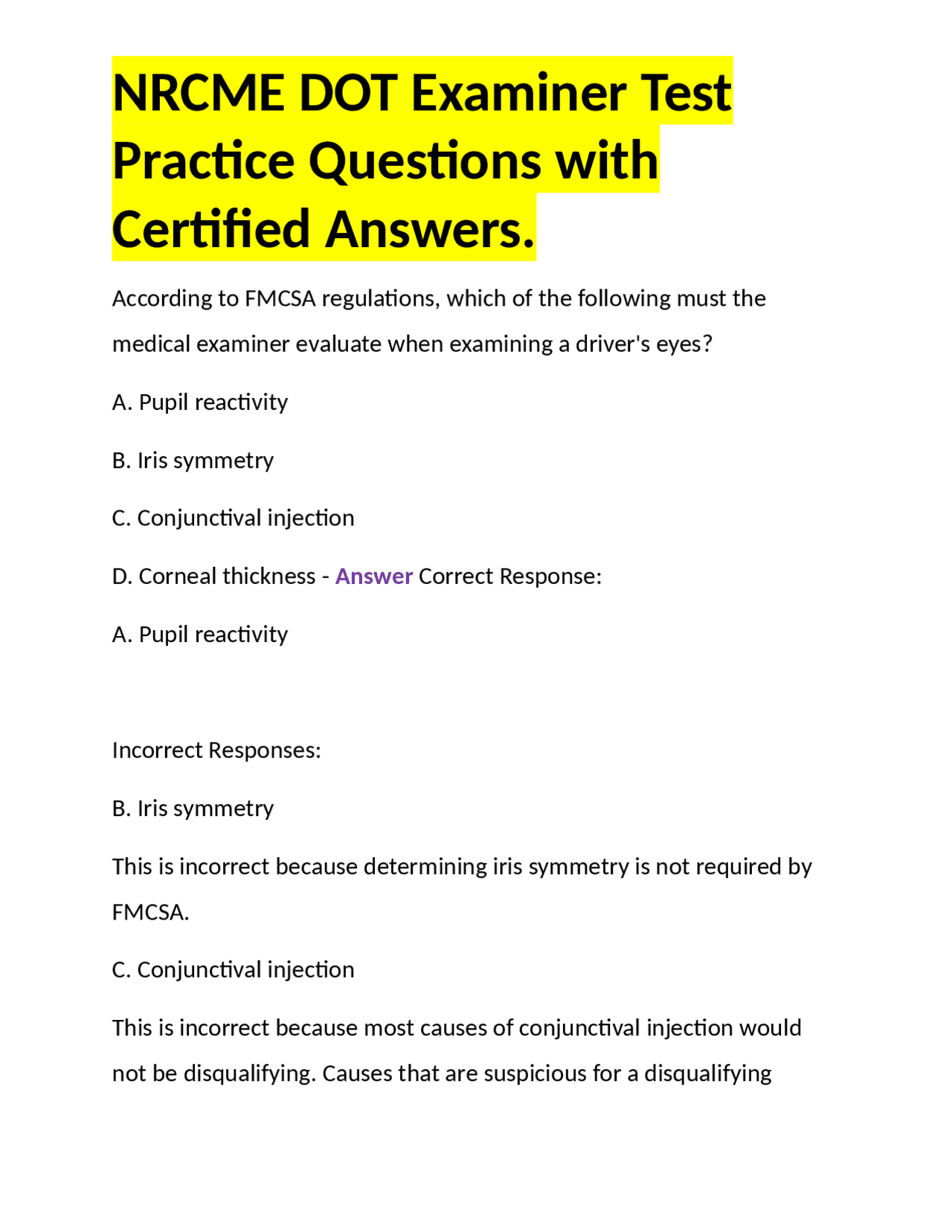 NRCME DOT Examiner Test Practice Questions with Certified Answers ...