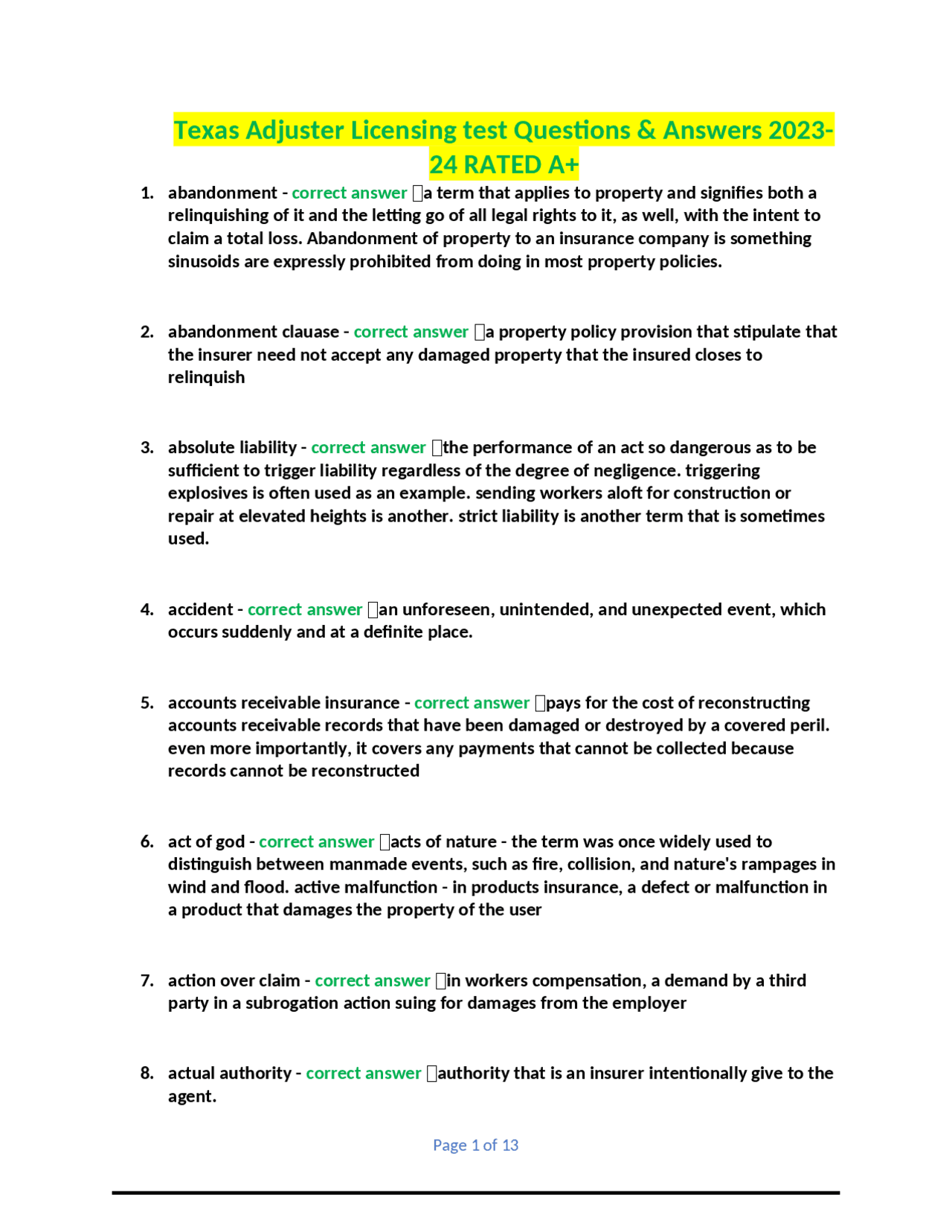 Texas Adjuster Licensing test Questions & Answers 2023-24 RATED A+ ...