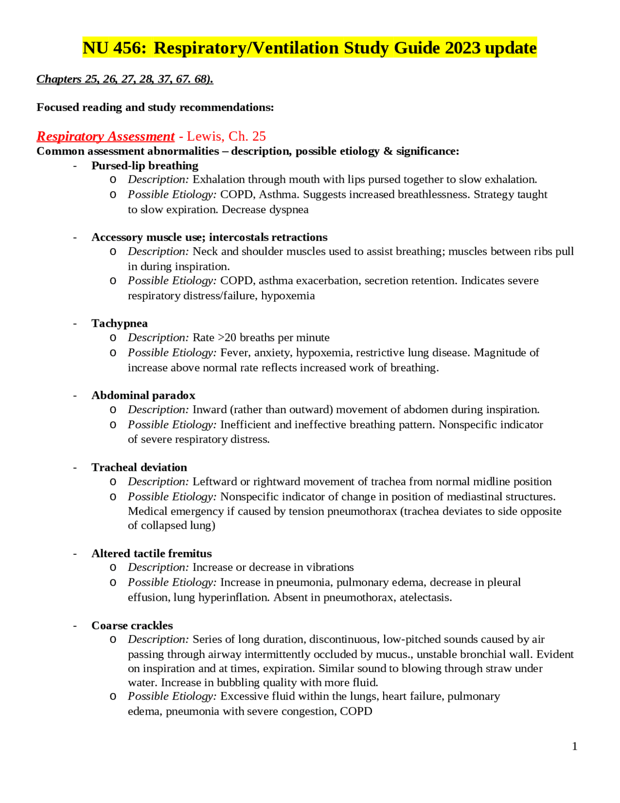 NU 456: Respiratory/Ventilation Study Guide 2023 update | Exams Nursing | Docsity