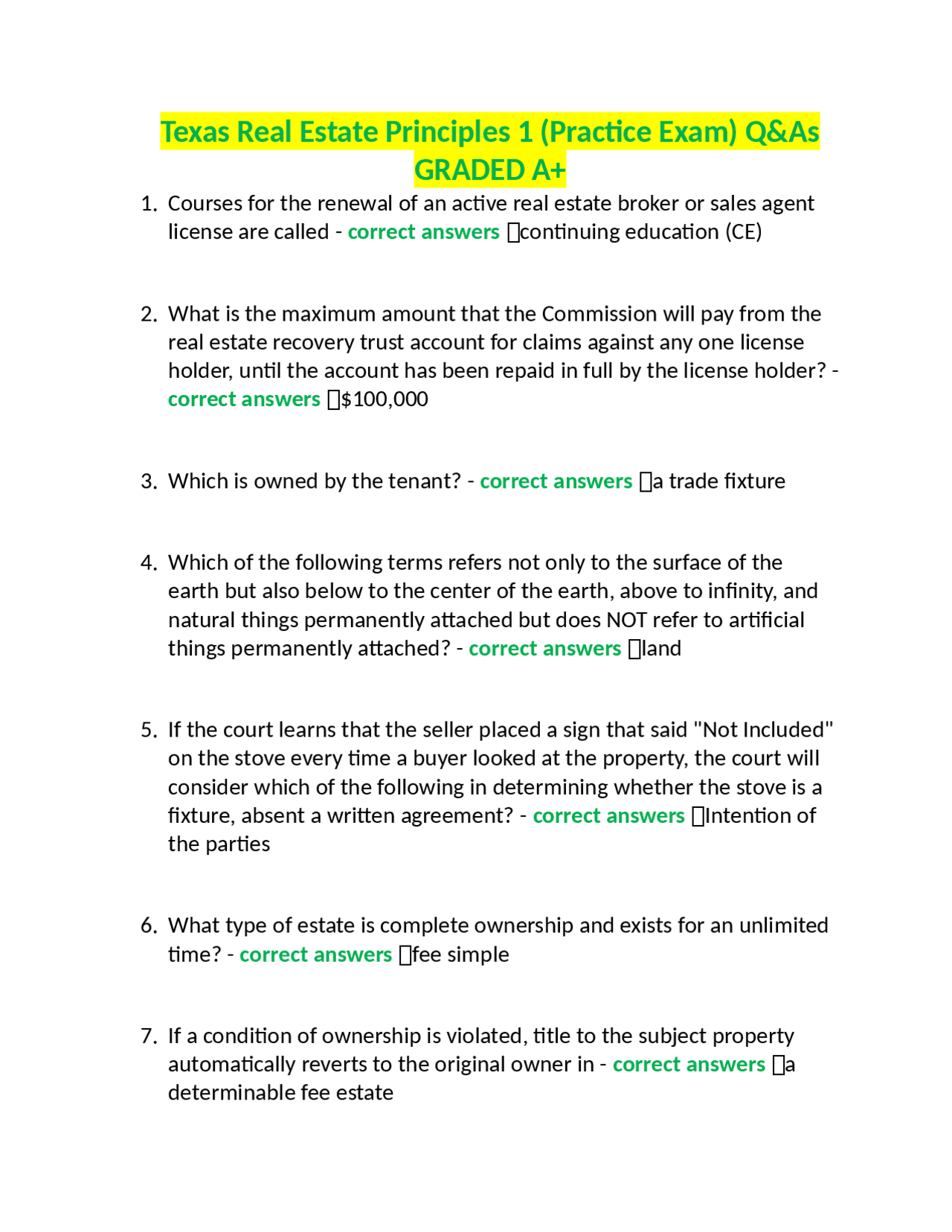 Texas Real Estate Principles 1 (Practice Exam) Q&As GRADED A+ | Exams ...