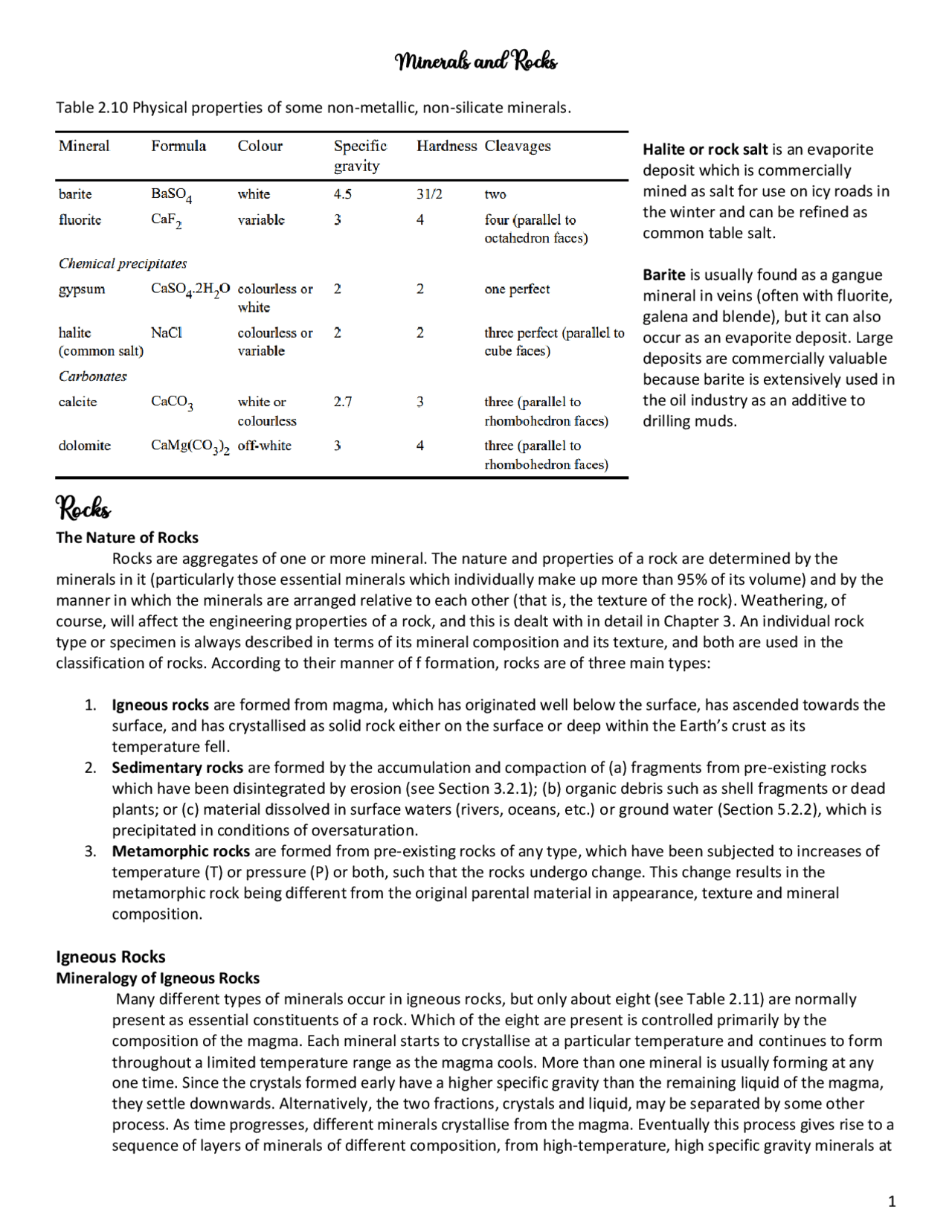 All about Minerals and Rocks | Summaries Engineering Geology | Docsity