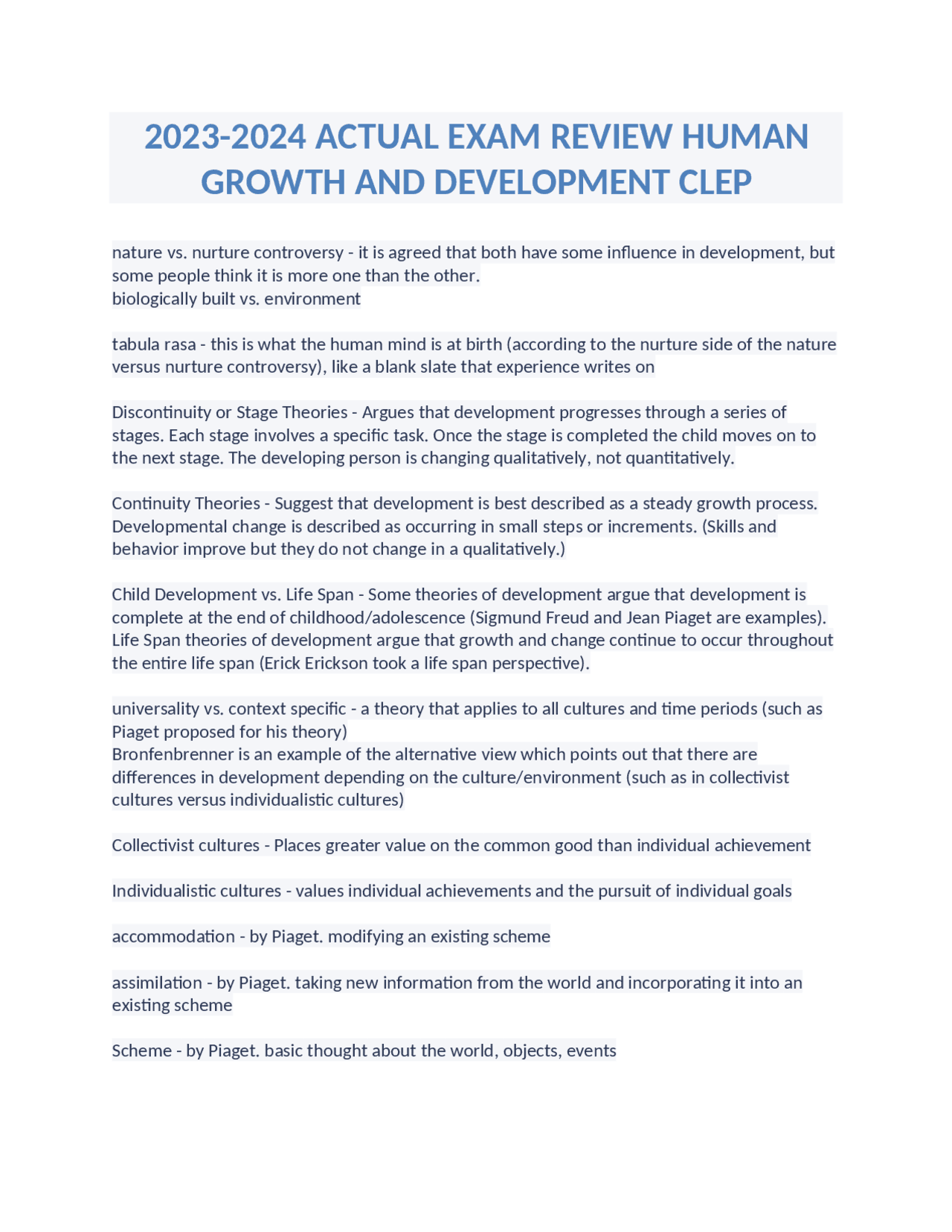 2023-2024 ACTUAL EXAM REVIEW HUMAN GROWTH AND DEVELOPMENT CLEP GRADED ...