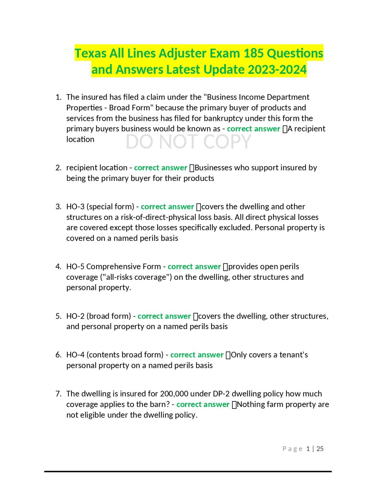 Texas All Lines Adjuster Exam 185 Questions and Answers Latest Update ...