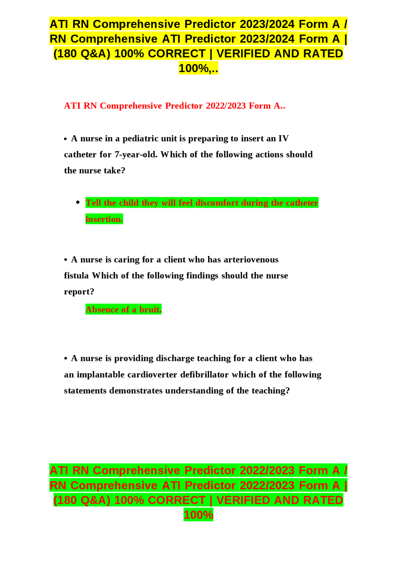 ATI RN Comprehensive Predictor 2023/2024 Form A / RN Comprehensive ATI ...