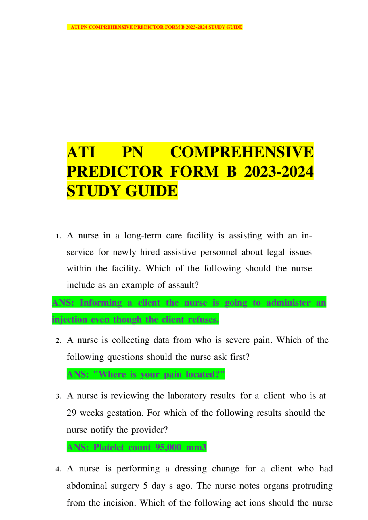ATI PN COMPREHENSIVE PREDICTOR FORM B 2023-2024 STUDY GUIDE | Exams ...