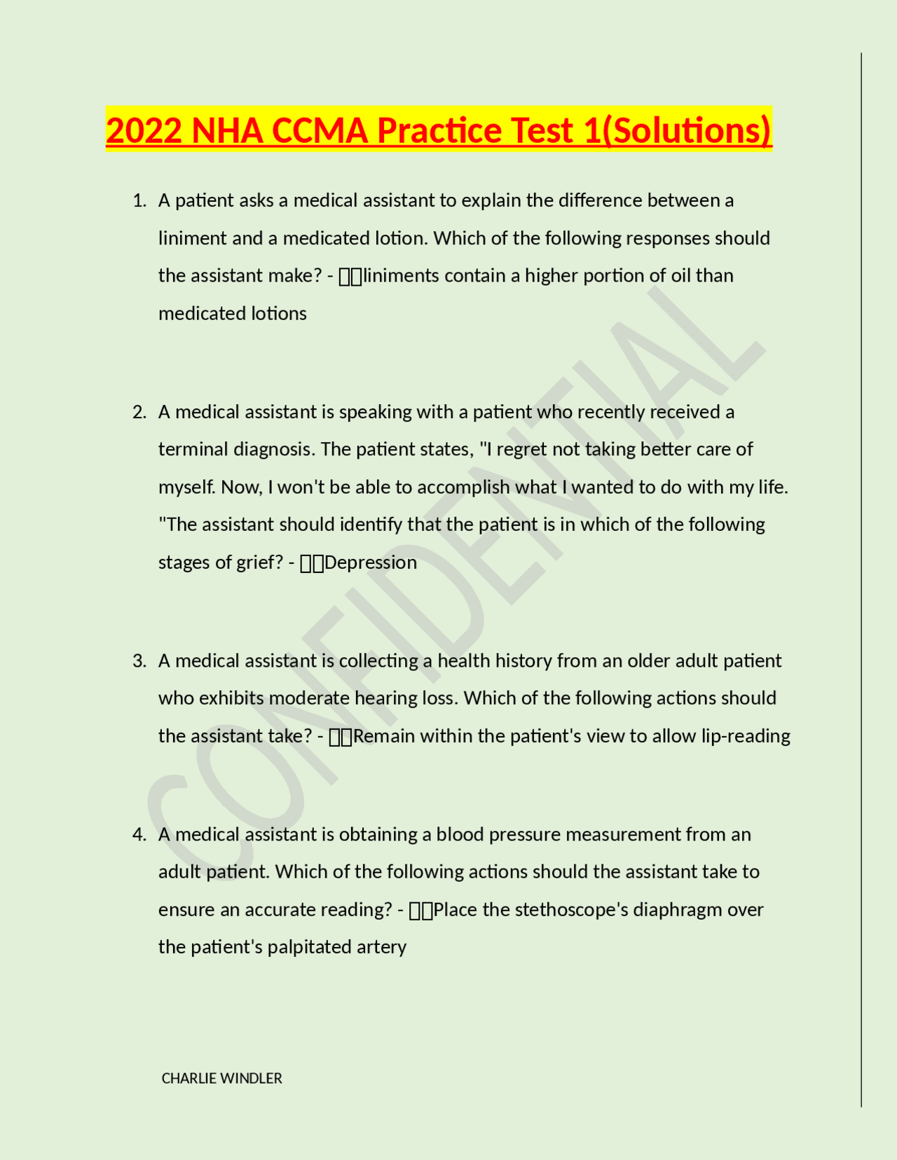 2023 NHA CCMA Practice Test 1(Solutions) | Exams Health sciences | Docsity