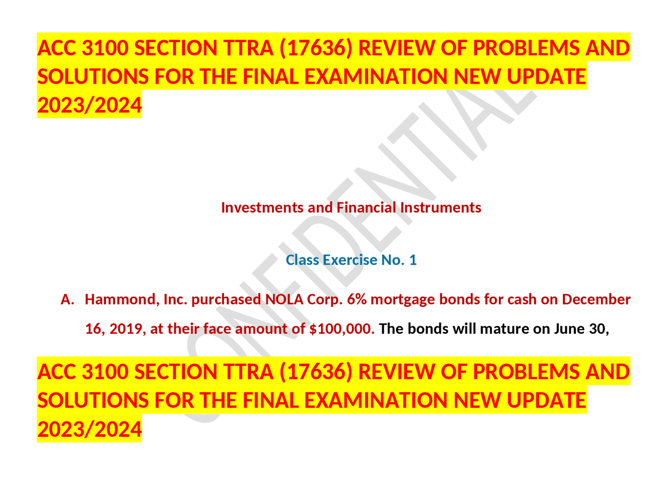 ACC 3100 SECTION TTRA (17636) REVIEW OF PROBLEMS AND SOLUTIONS FOR THE ...