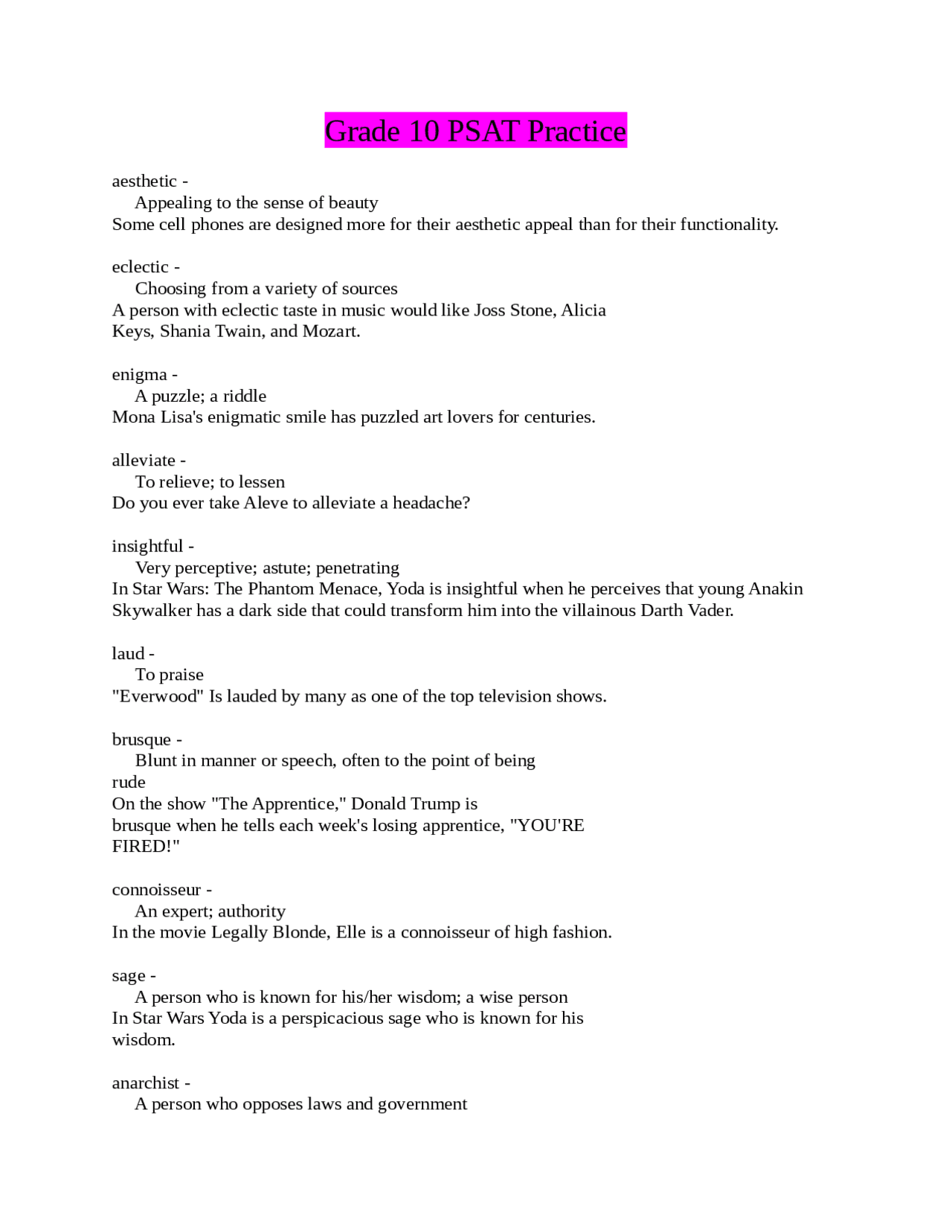 Grade 10 PSAT Practice | Exams Literature | Docsity