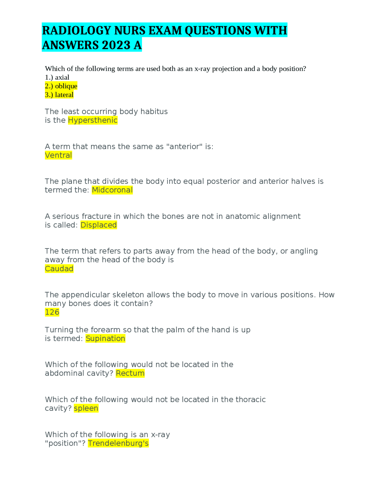 Radiology Nursing Exam Questions with Answers 2023 A | Exams Radiology ...