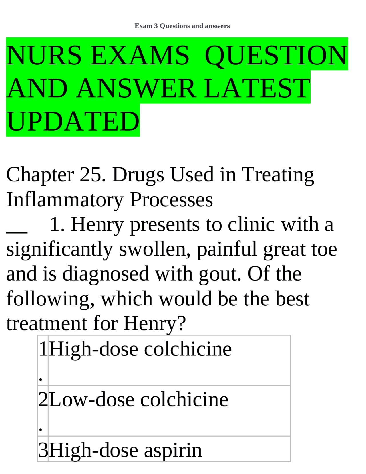 NURS EXAMS QUESTION AND ANSWER LATEST UPDATED | Exams Nursing | Docsity