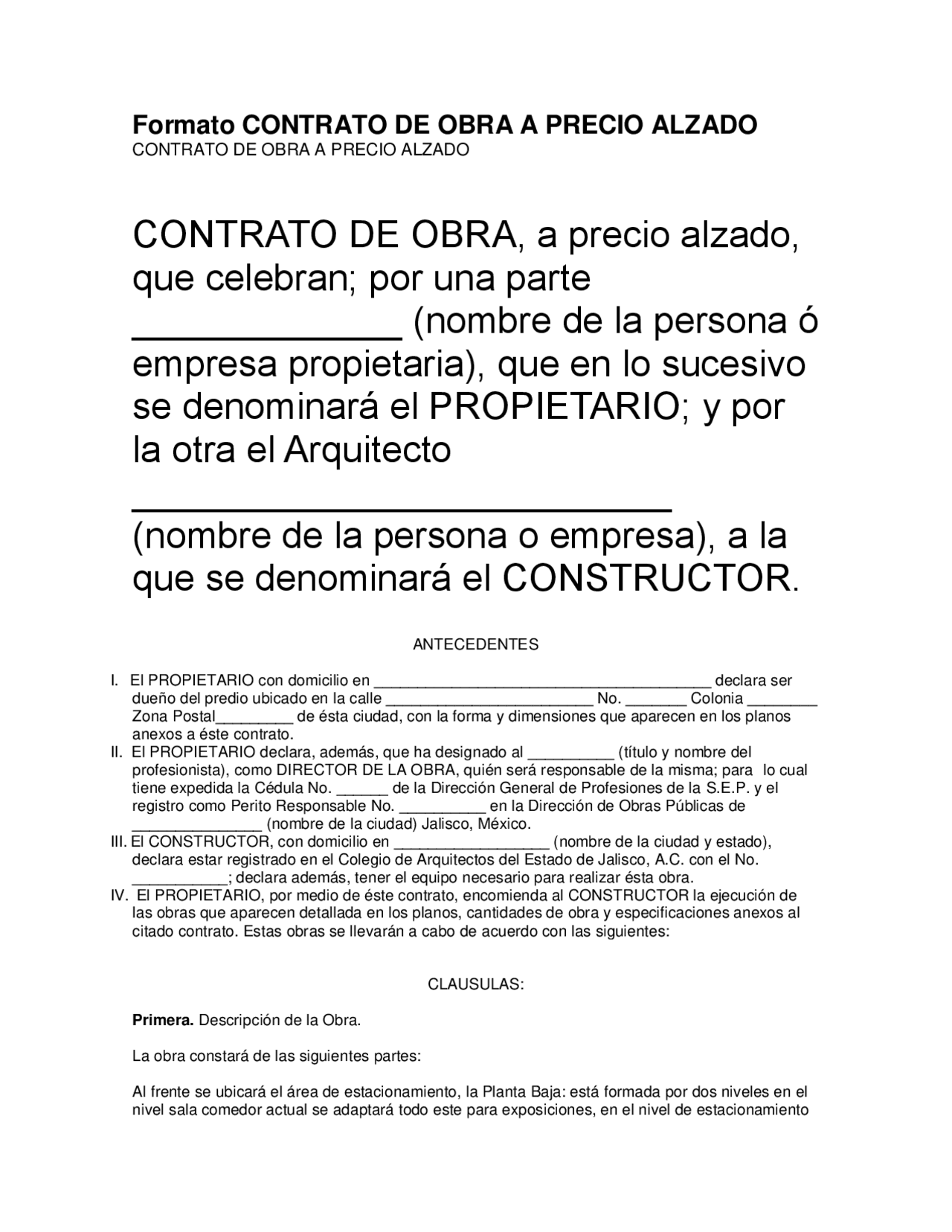 contrato machote de obra a precio alzado | Esquemas y mapas ...