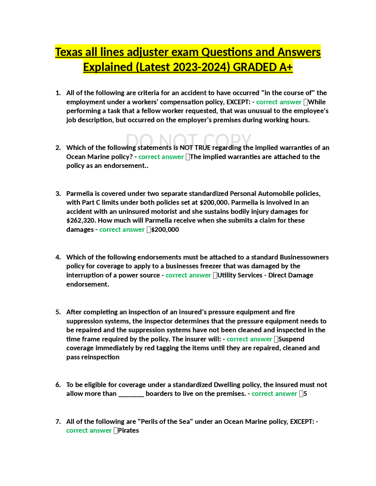 Texas all lines adjuster exam Questions and Answers Explained (Latest ...