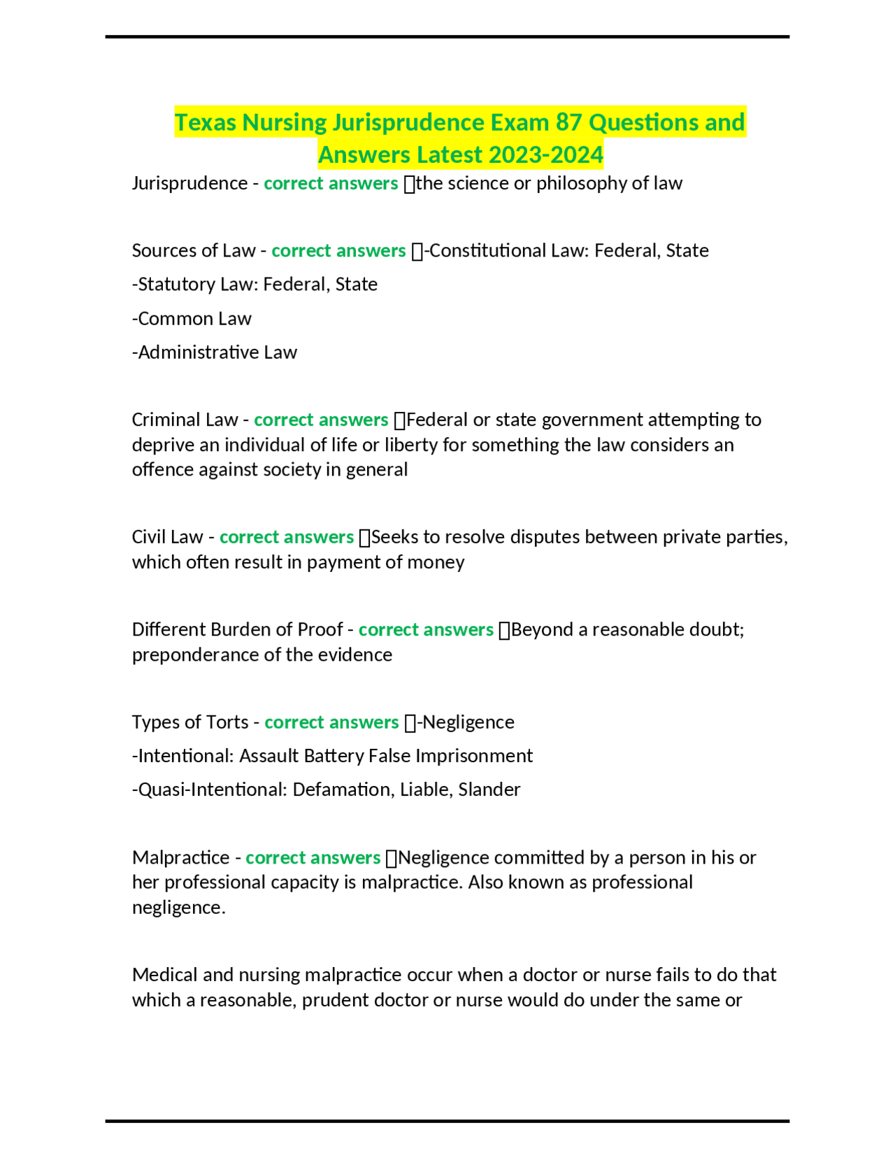 Texas Nursing Jurisprudence Exam 87 Questions and Answers Latest 2023 ...