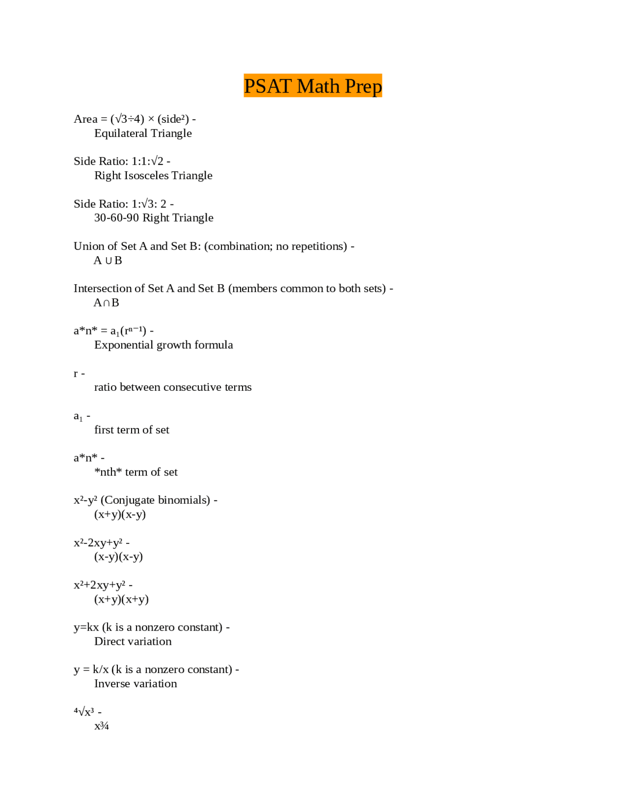 PSAT Math Prep: Essential Formulas and Concepts | Exams Mathematics | Docsity