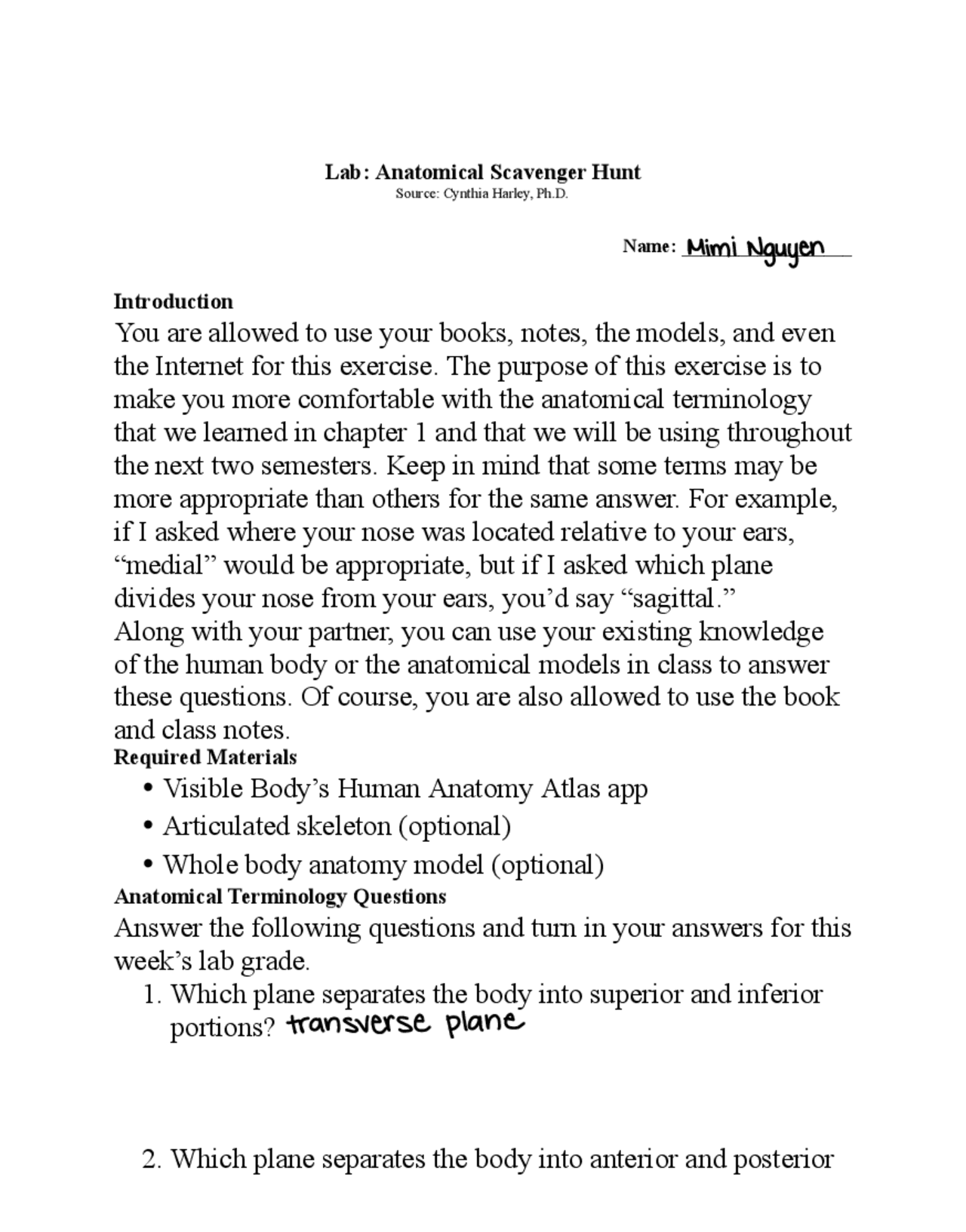 Biology Lab Anatomical Scavenger Hunt 2023/24 | Lab Reports Biology ...