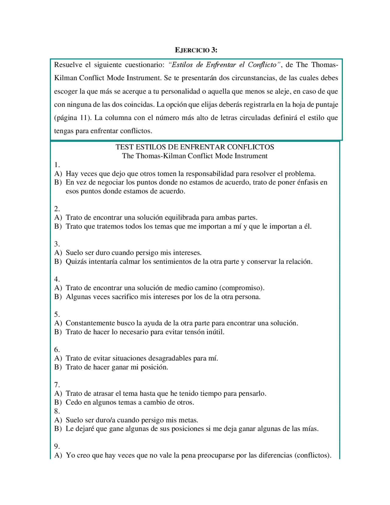 TEST ESTILOS DE ENFRENTAR CONFLICTOS | Ejercicios de Humanidades y ...