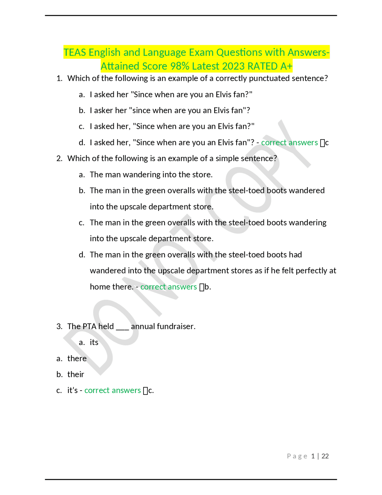 TEAS English and Language Exam Questions with Answers-Attained Score 98 ...