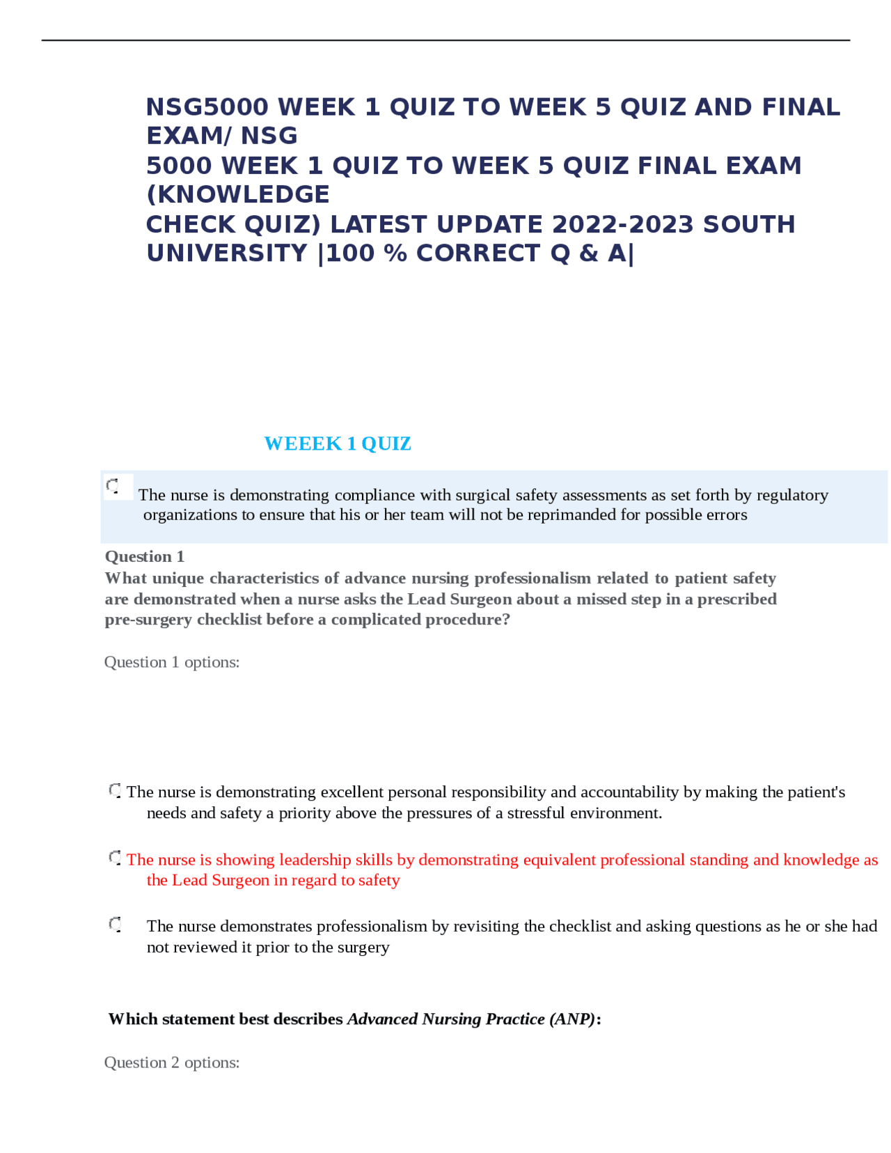 NSG 5000 WEEK 1 QUIZ TO WEEK 5 QUIZ FINAL EXAM (KNOWLEDGE CHECK QUIZ) | Exams Nursing | Docsity