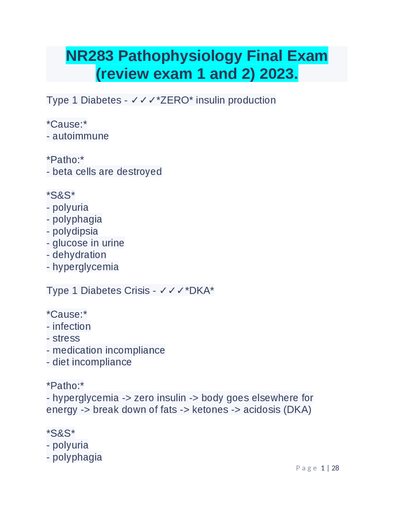 NR283 Pathophysiology Final Exam (review exam 1 and 2) 2023. | Exams ...