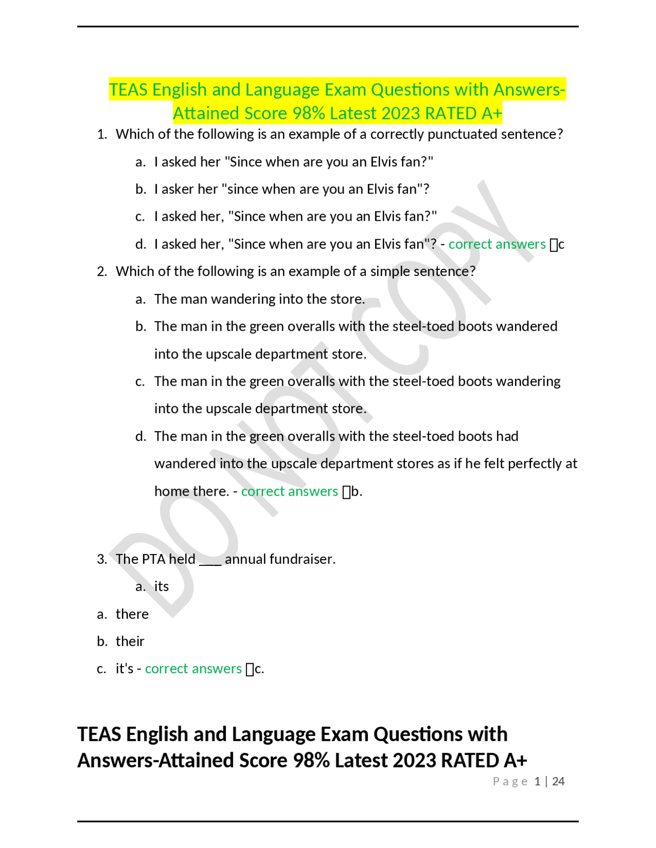 TEAS English and Language Exam Questions with Answers-Attained Score 98 ...