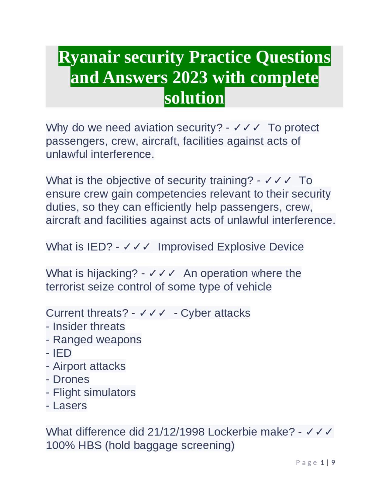 Ryanair Security Practice Questions And Answers 2023 With Complete