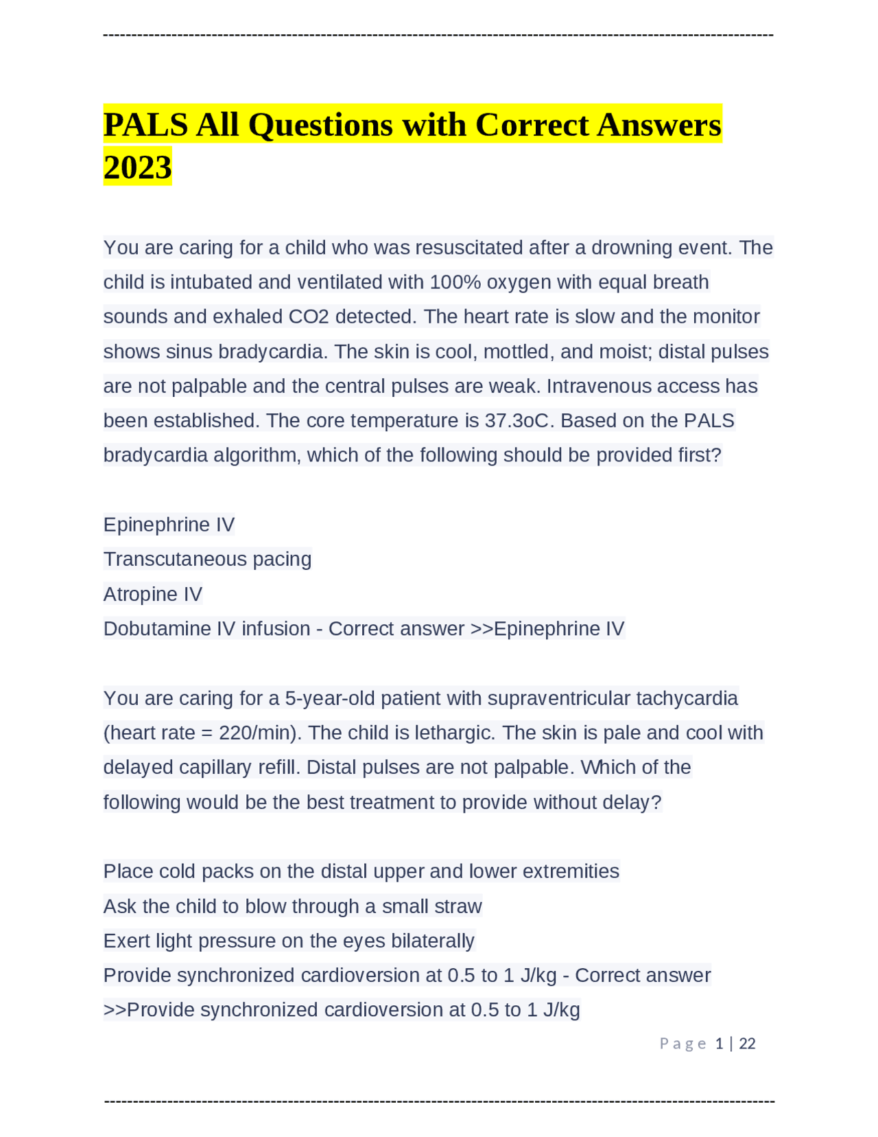 PALS All Questions with Correct Answers 2023 | Exams Nursing | Docsity
