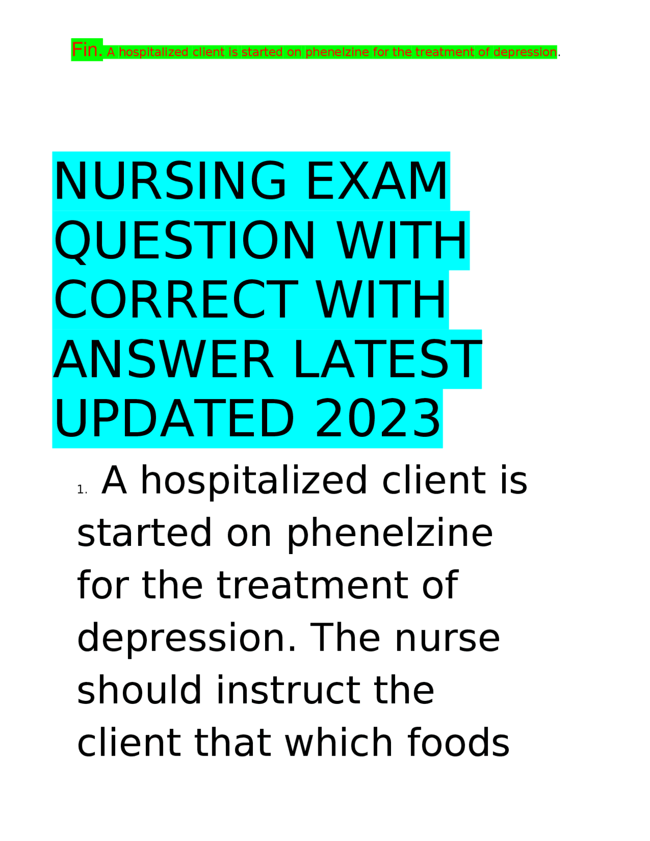 NURSING EXAM QUESTION WITH CORRECT WITH ANSWER LATEST UPDATED 2023 ...