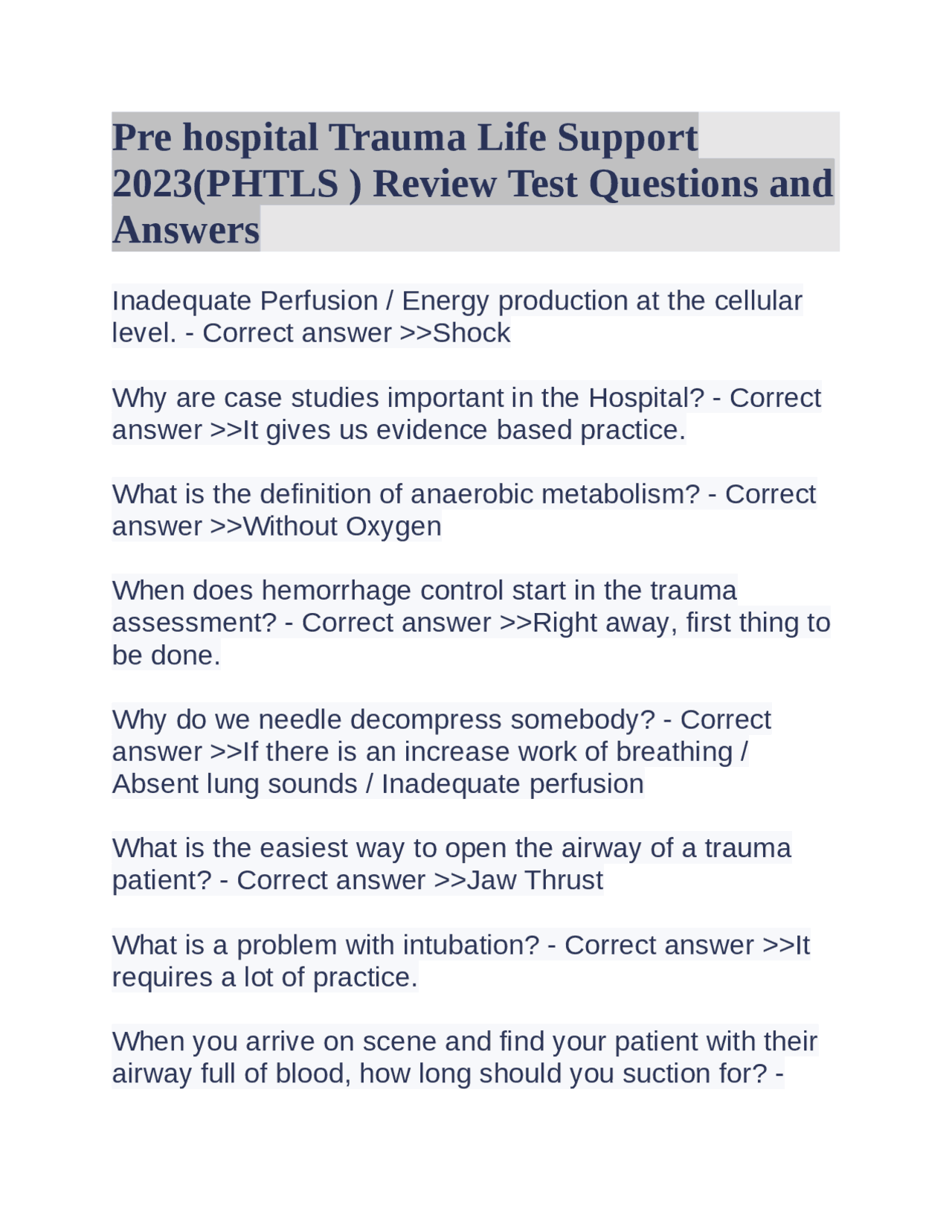 Pre hospital Trauma Life Support 2023(PHTLS ) Review Test Questions and ...