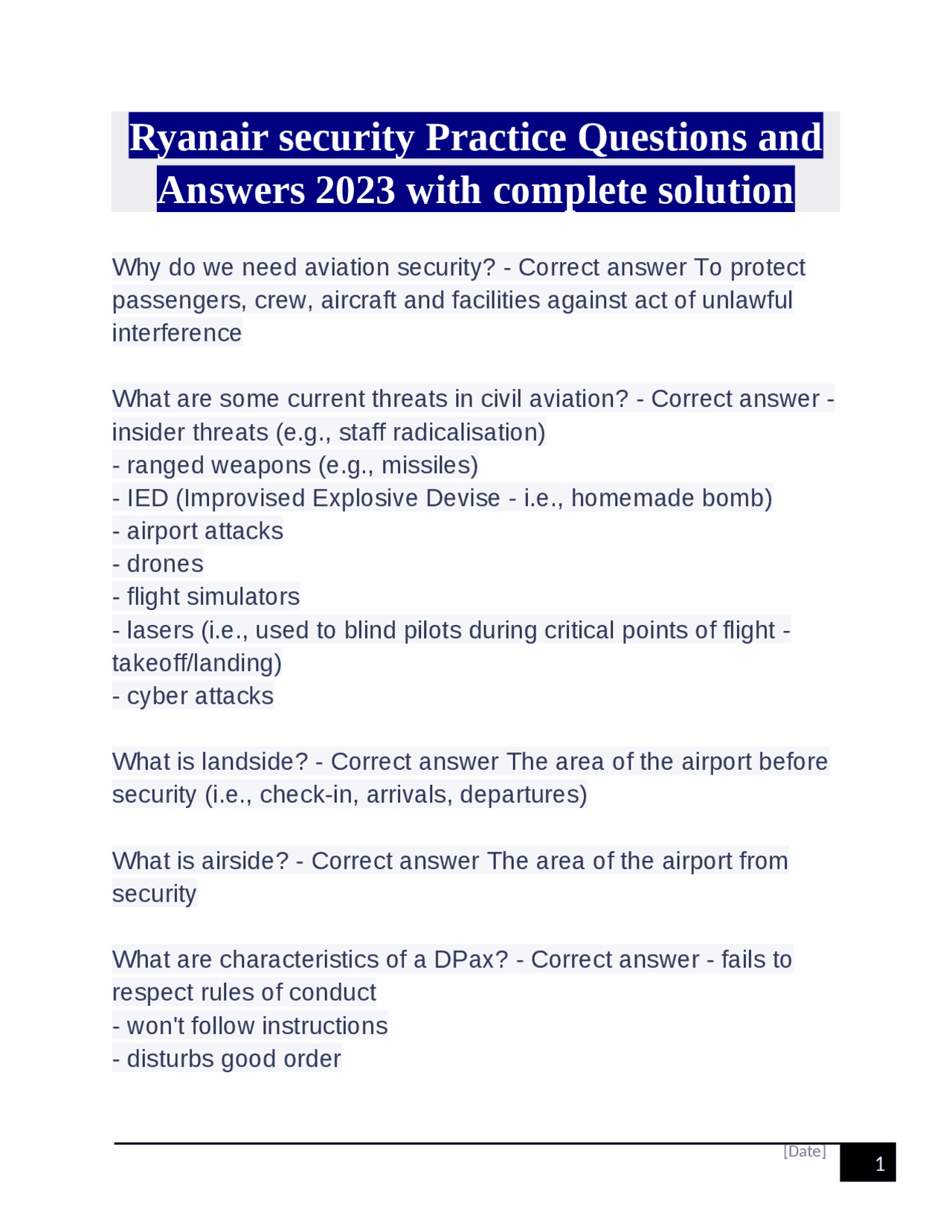Ryanair Security Practice Questions And Answers 2023 With Complete