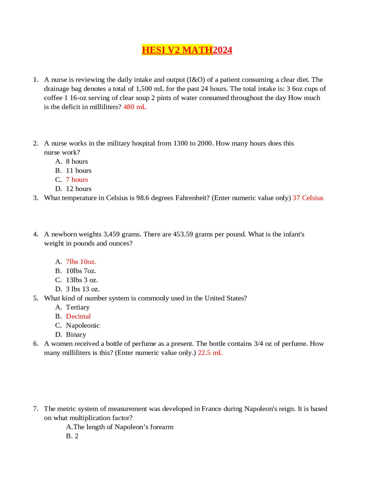 HESI V2 MATH2024HESI V2 MATH2024 | Exams Nursing | Docsity