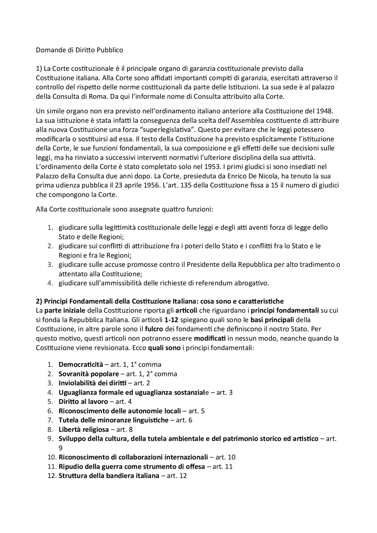 domande diritto pubblico | Prove d'esame di Diritto Pubblico | Docsity