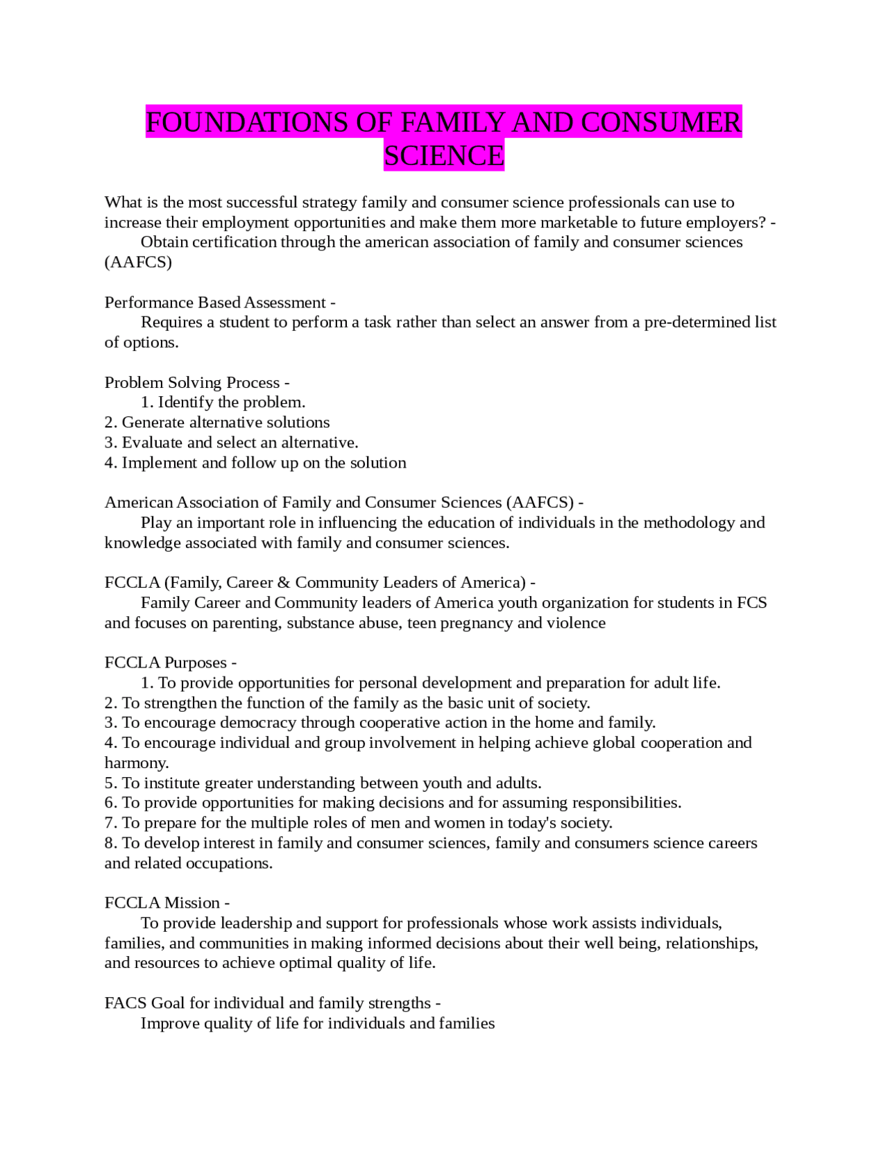 Foundations of Family and Consumer Science | Exams Economics | Docsity