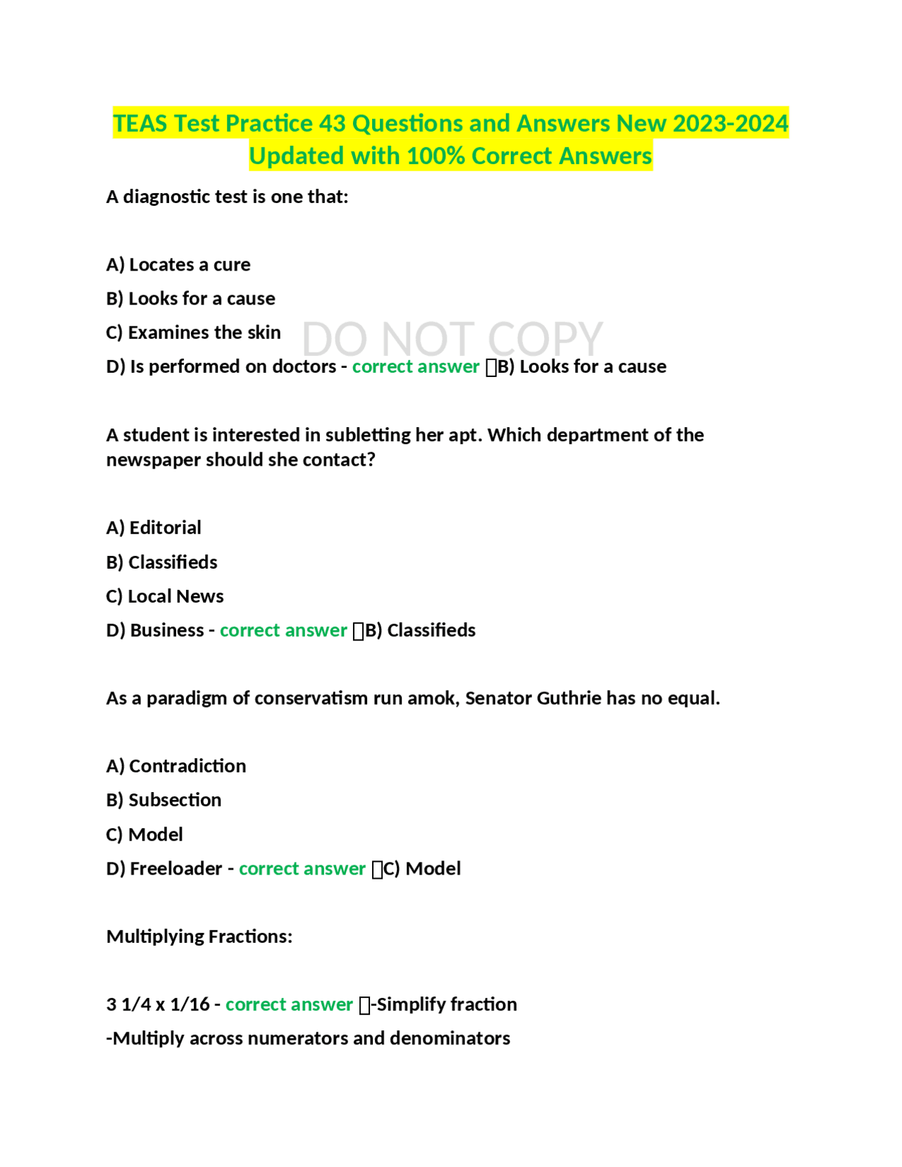 TEAS Test Practice 43 Questions and Answers New 2023-2024 Updated with ...