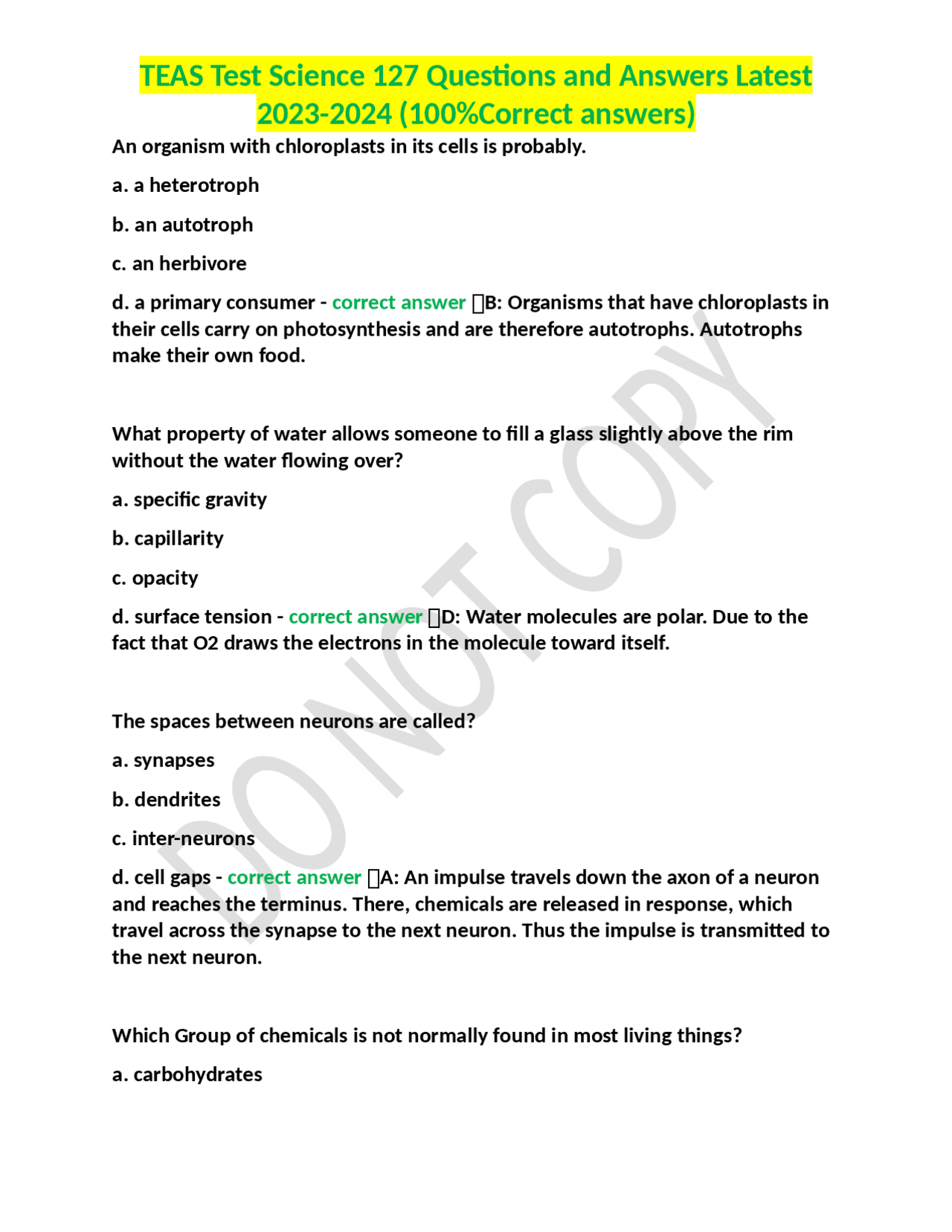 TEAS Test Science 127 Questions and Answers Latest 2023-2024 (100 ...
