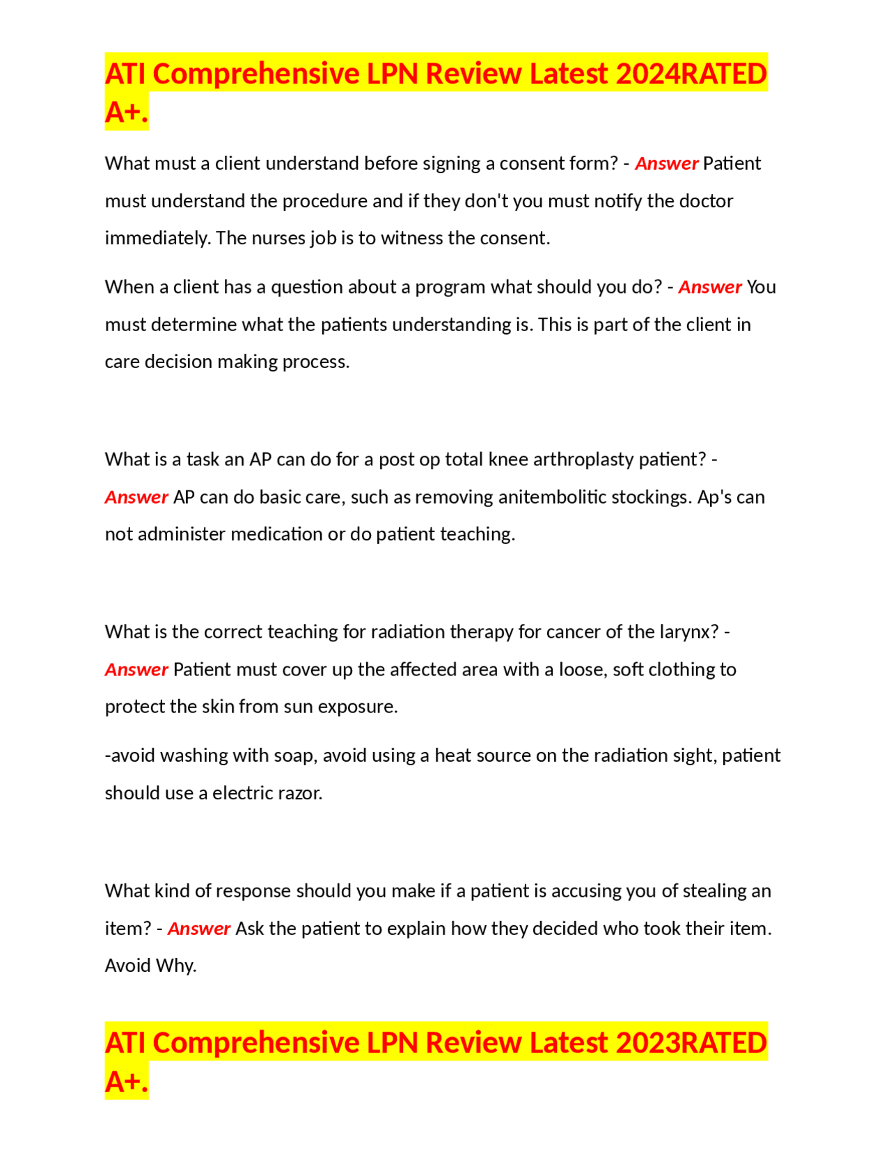 ATI Comprehensive LPN Review Latest 2024RATED A+. | Exams Nursing | Docsity