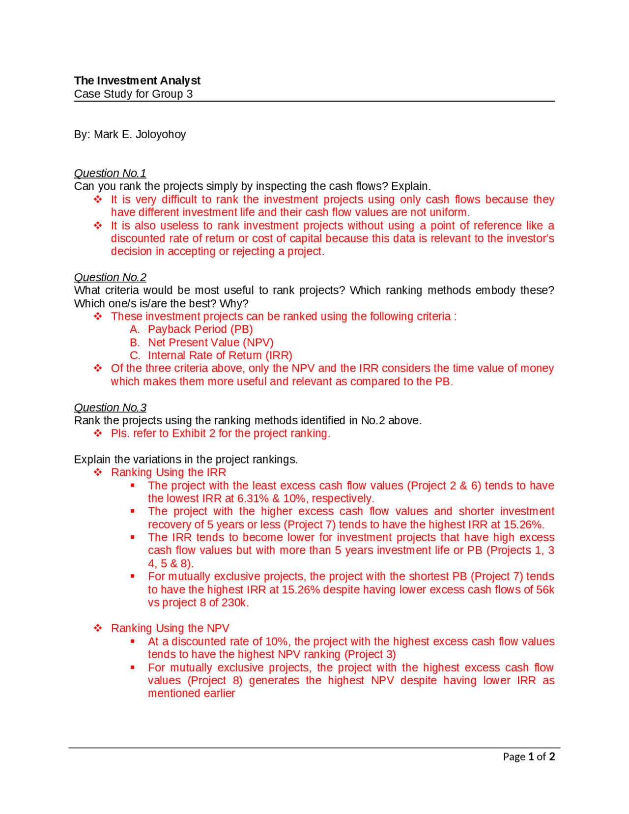 The investment analyst a case study for ranking cash flows | Study ...
