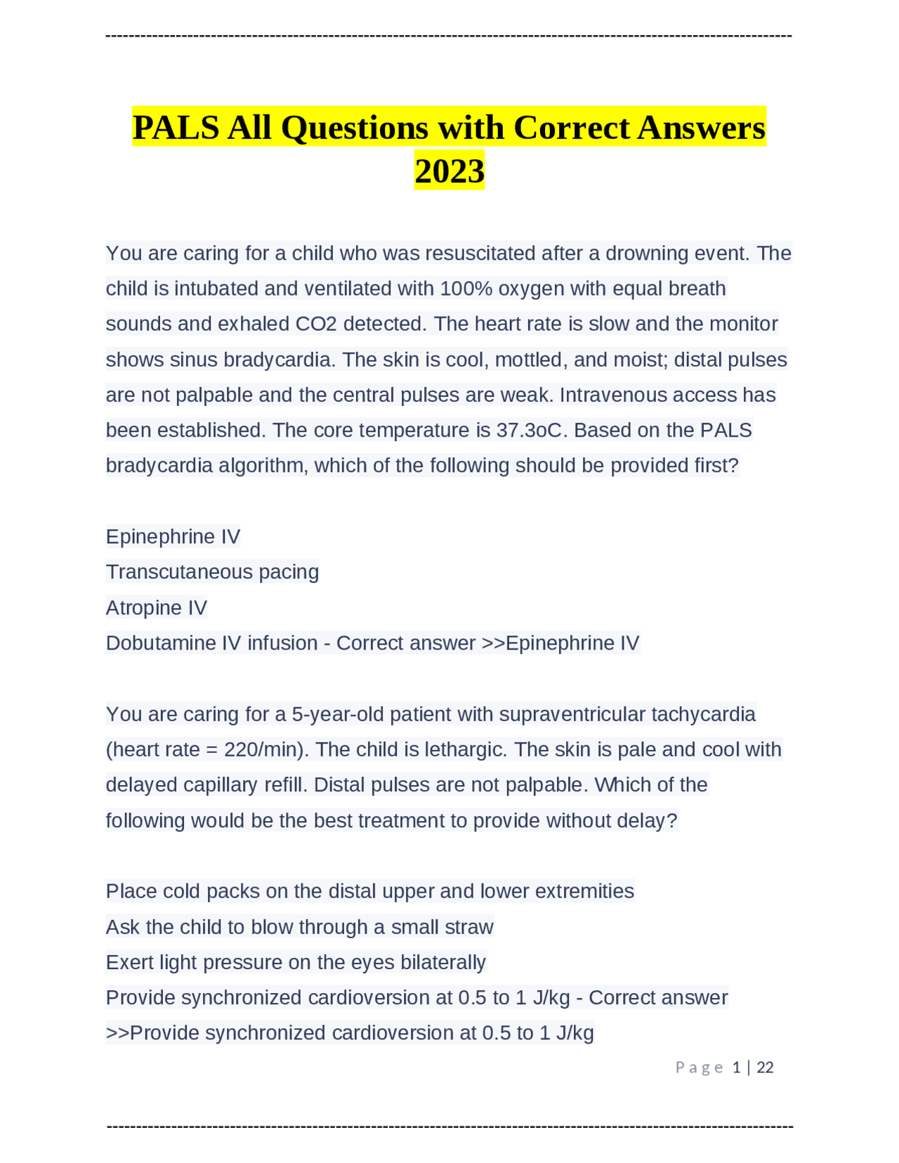 PALS All Questions with Correct Answers 2023 | Exams Nursing | Docsity