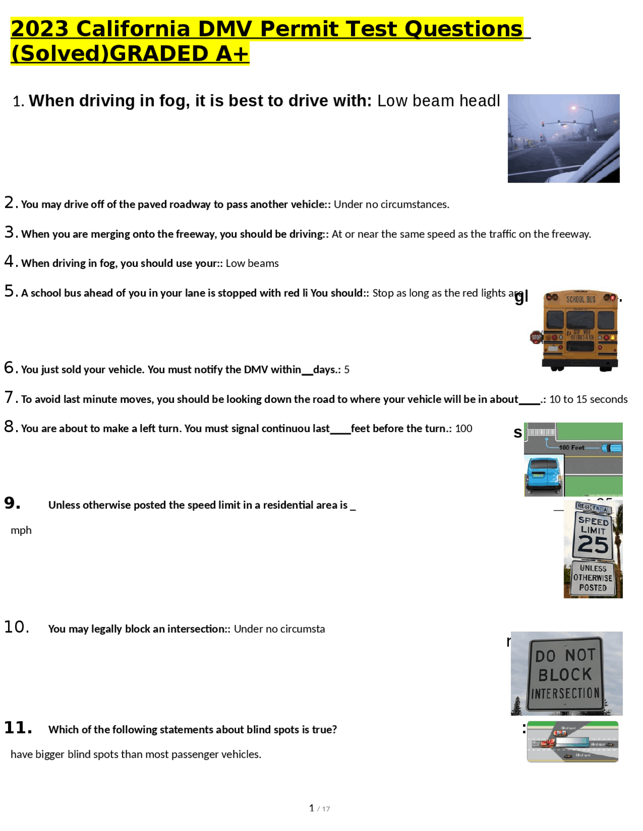 2023 California DMV Permit Test Questions (Solved)GRADED A+ | Exams ...