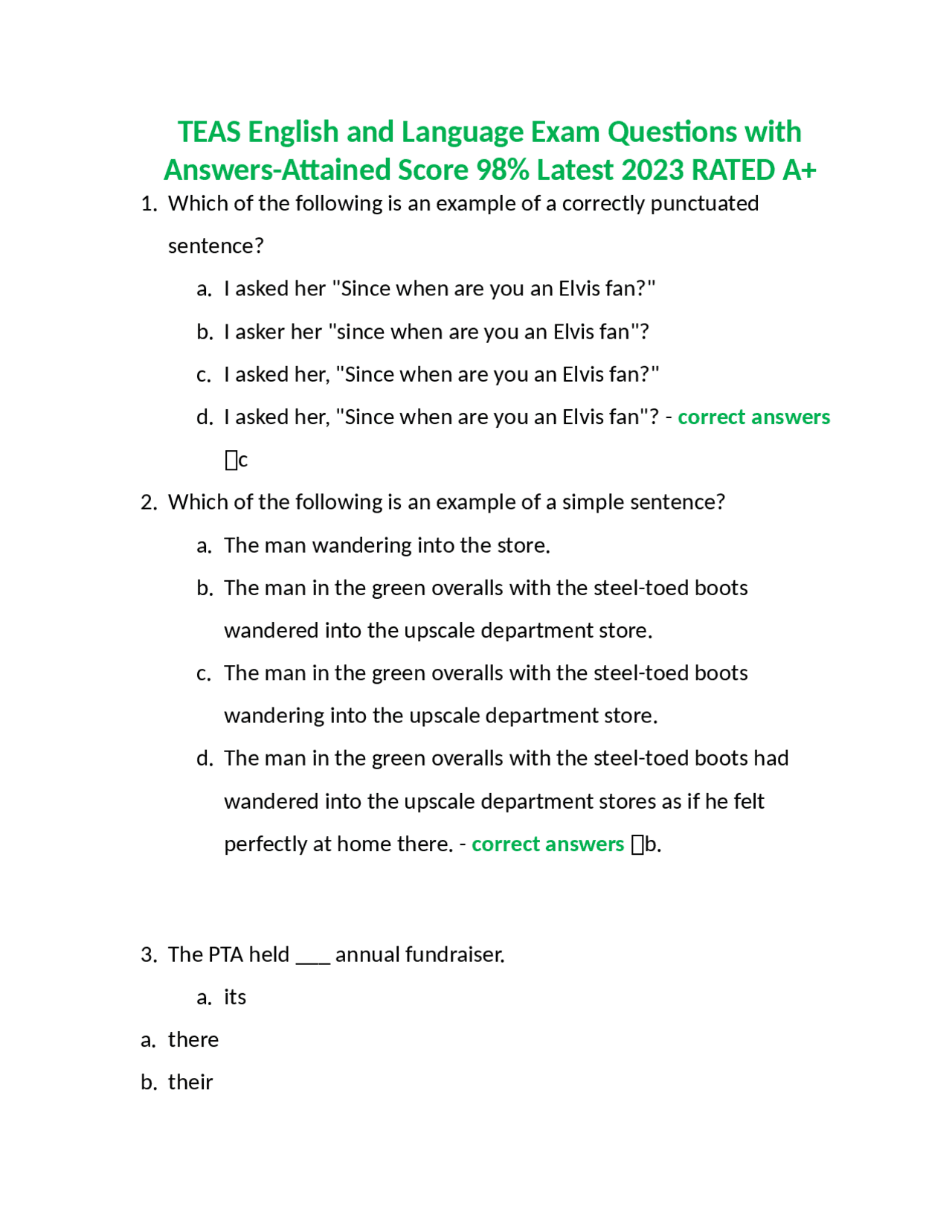 TEAS English and Language Exam Questions with Answers-Attained Score 98 ...