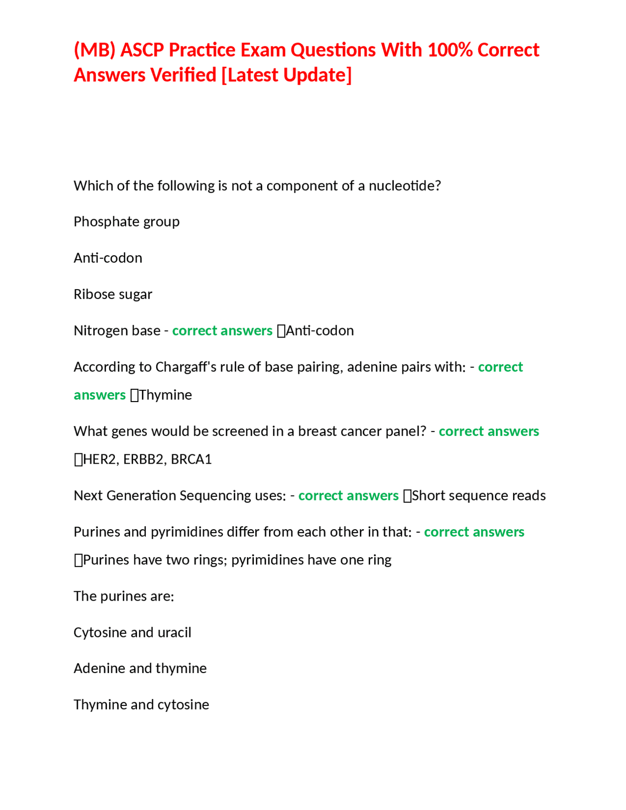 (MB) ASCP Practice Exam Questions With 100% Correct Answers Verified ...
