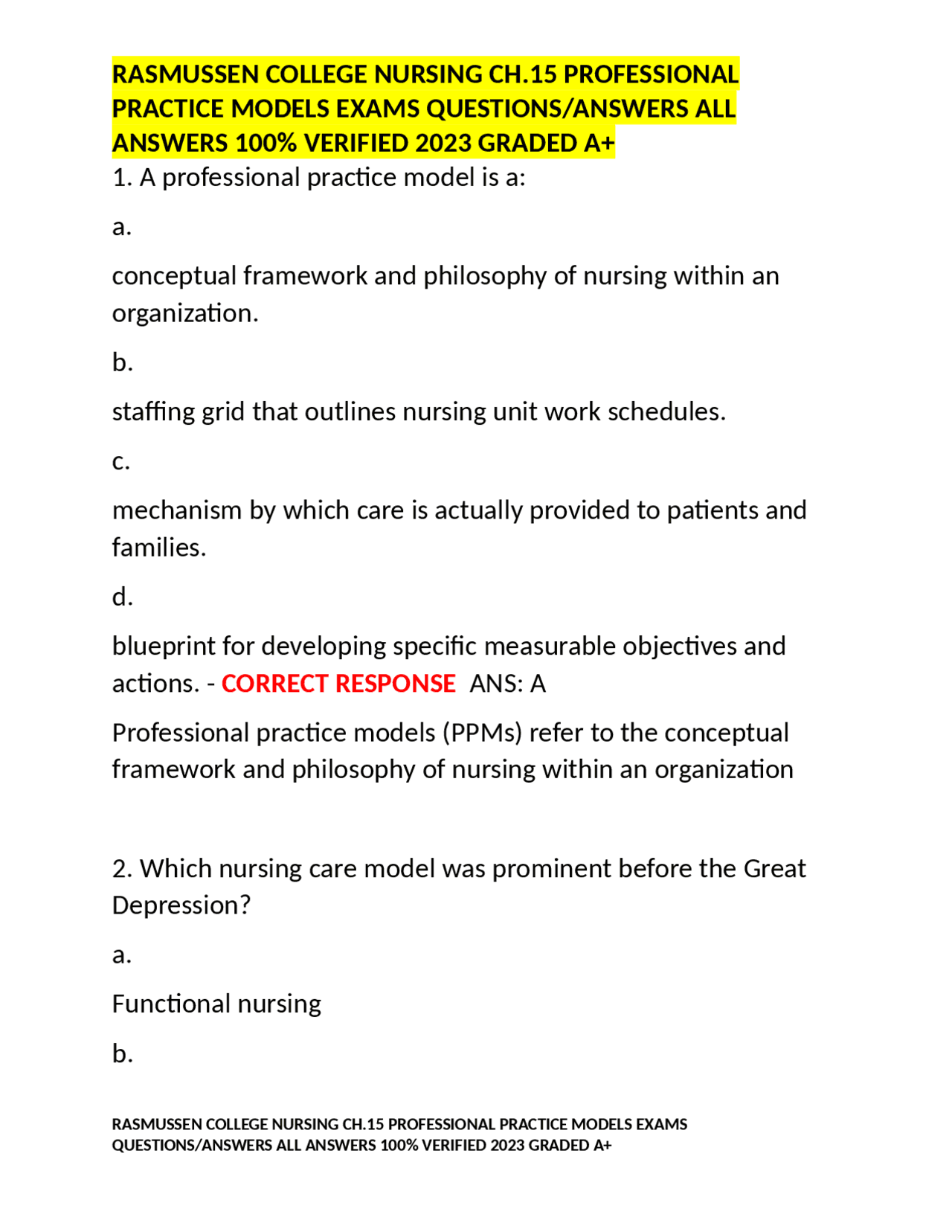 RASMUSSEN COLLEGE NURSING CH.15 PROFESSIONAL PRACTICE MODELS EXAMS ...