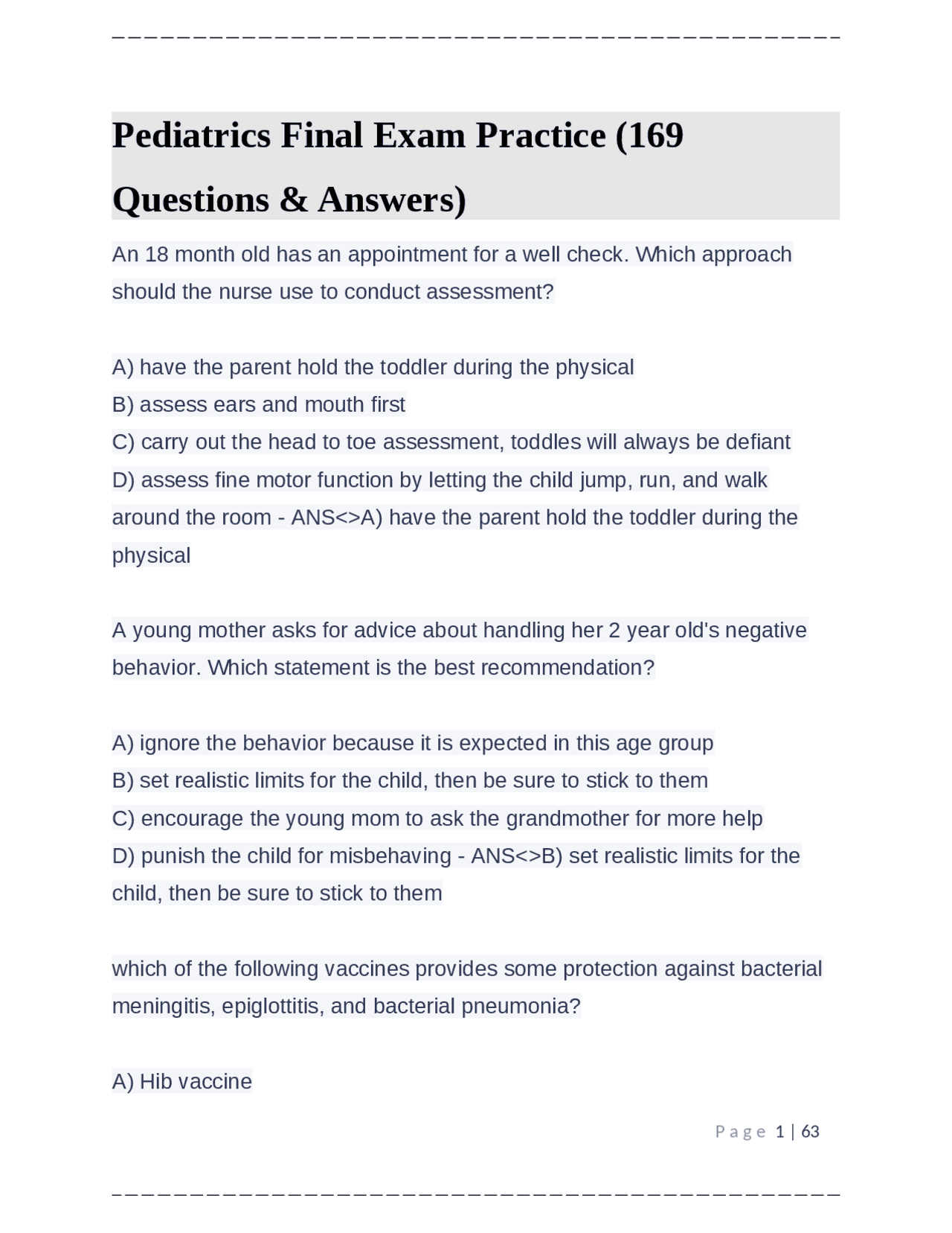 Pediatrics Final Exam Practice (169 Questions & Answers) | Exams ...