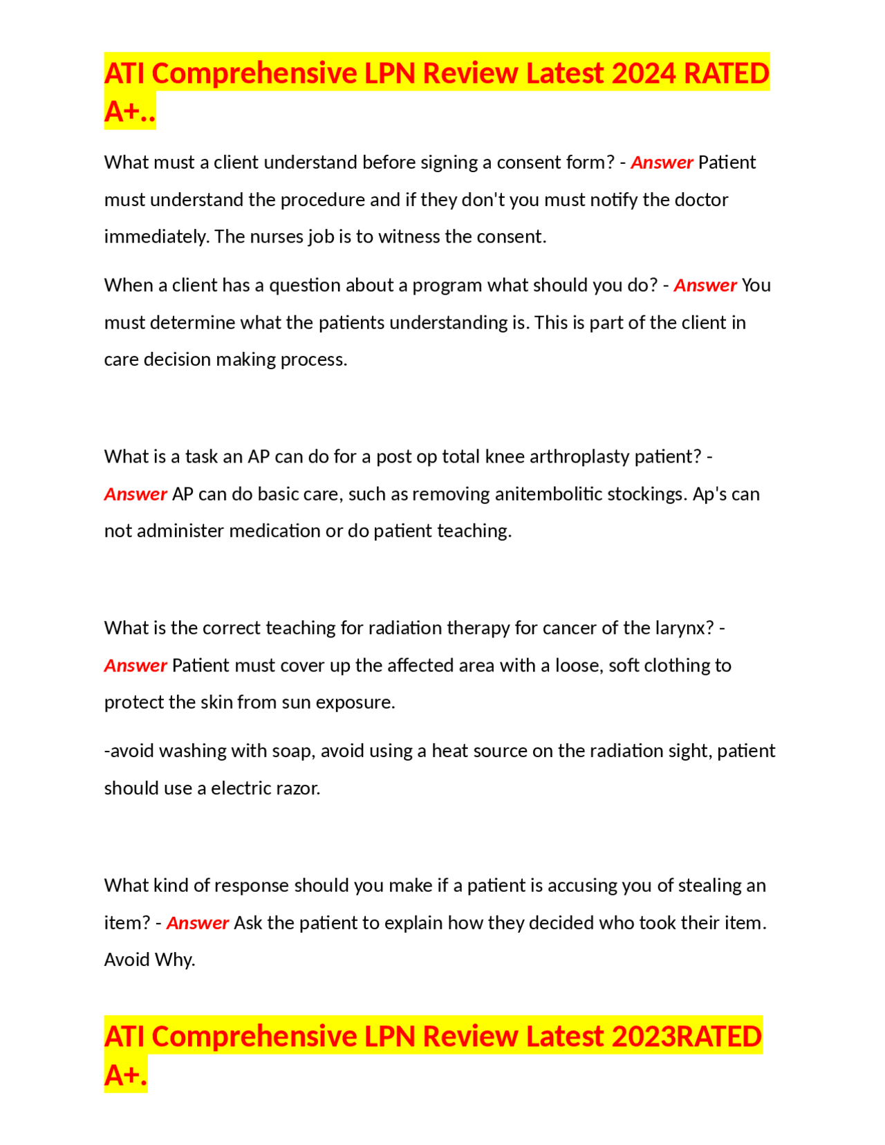 ATI Comprehensive LPN Review Latest 2024RATED A+. | Exams Nursing | Docsity