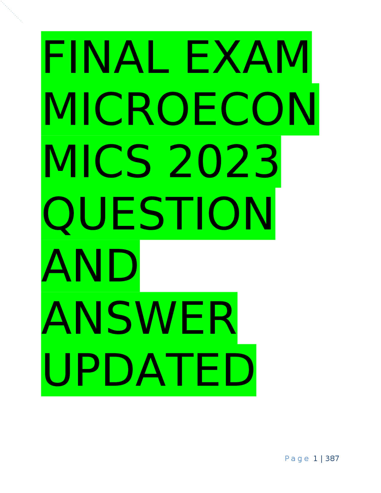 Microeconomics Final Exam Questions and Answers | Exams Business Economics | Docsity