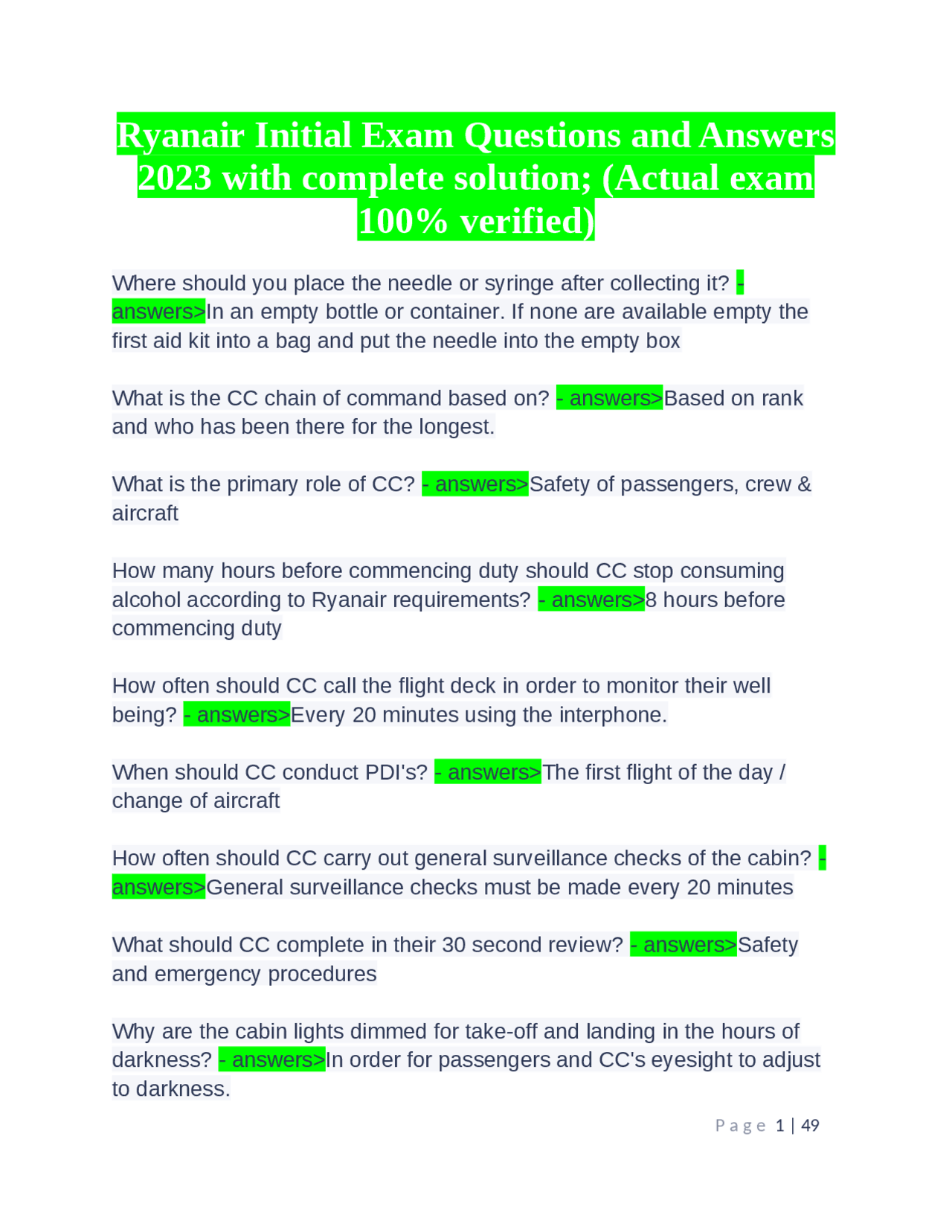 Ryanair Initial Exam Questions and Answers 2023 with complete solution ...