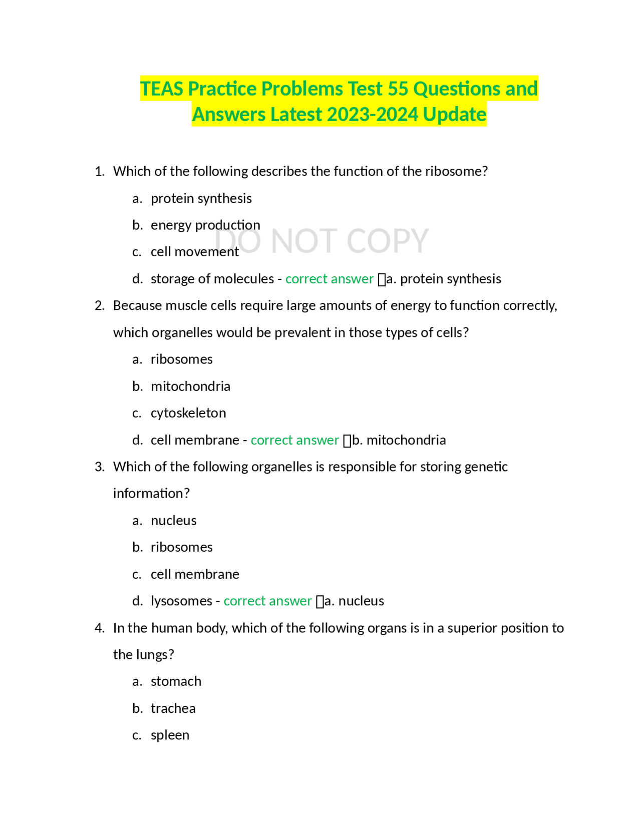 TEAS Practice Problems Test 55 Questions and Answers Latest 2023-2024 ...