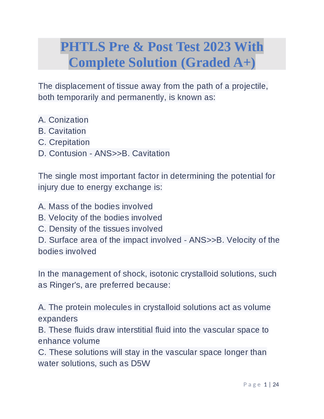 PHTLS Pre & Post Test 2023 With Complete Solution | Exams Nursing | Docsity
