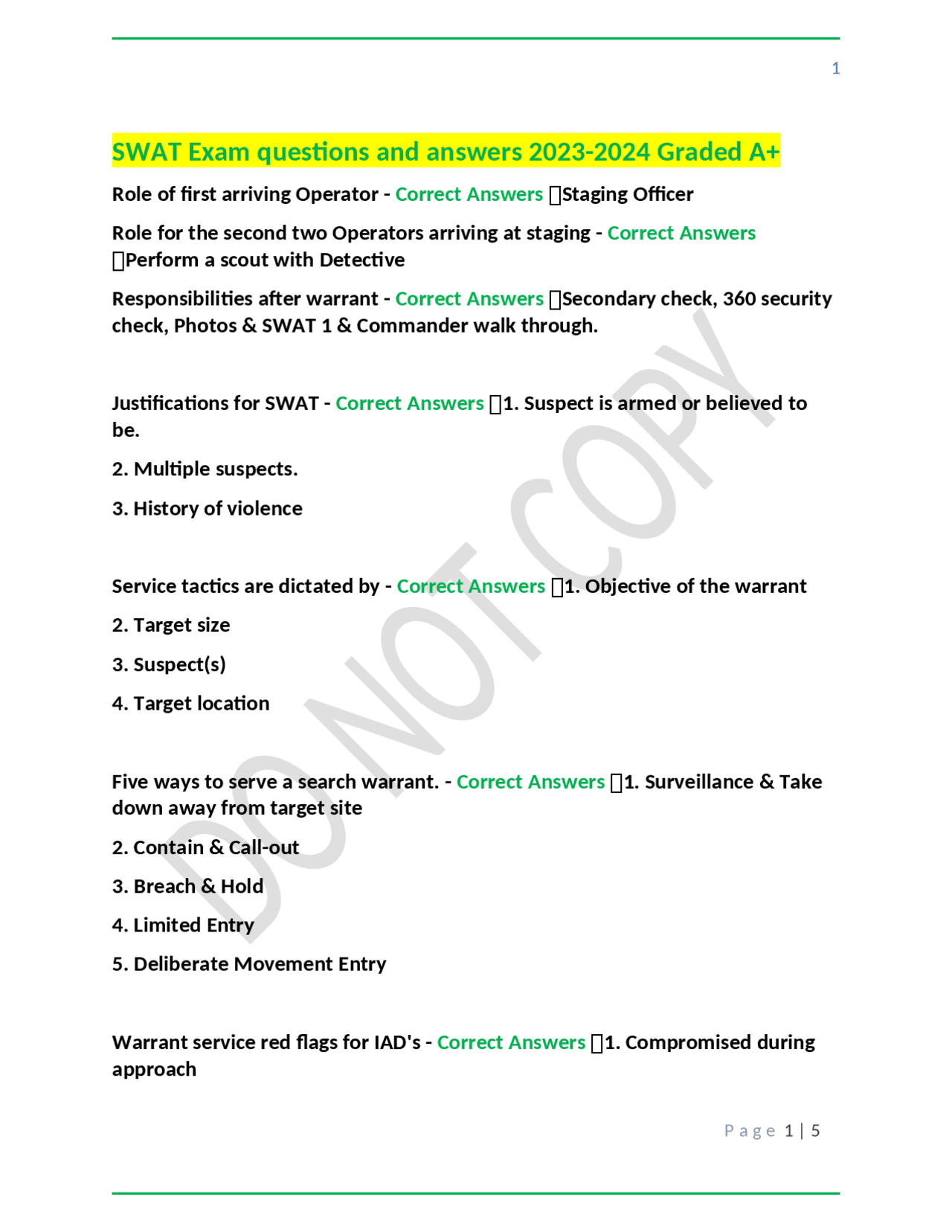 SWAT Exam questions and answers 2023-2024 Graded A+ | Exams Law | Docsity